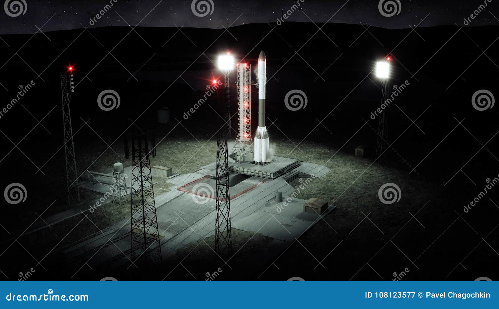Rocket before the Start. Space Launch System. 3d Rendering. Stock ...