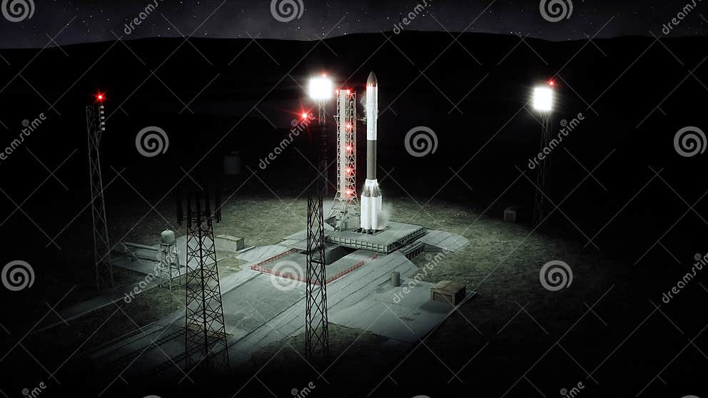 Rocket before the Start. Space Launch System. 3d Rendering. Stock ...