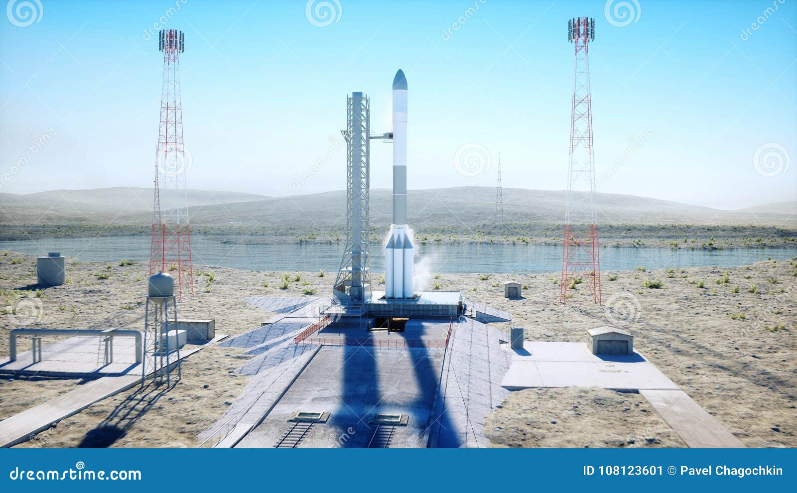 Rocket before the Start. Space Launch System. 3d Rendering. Stock ...