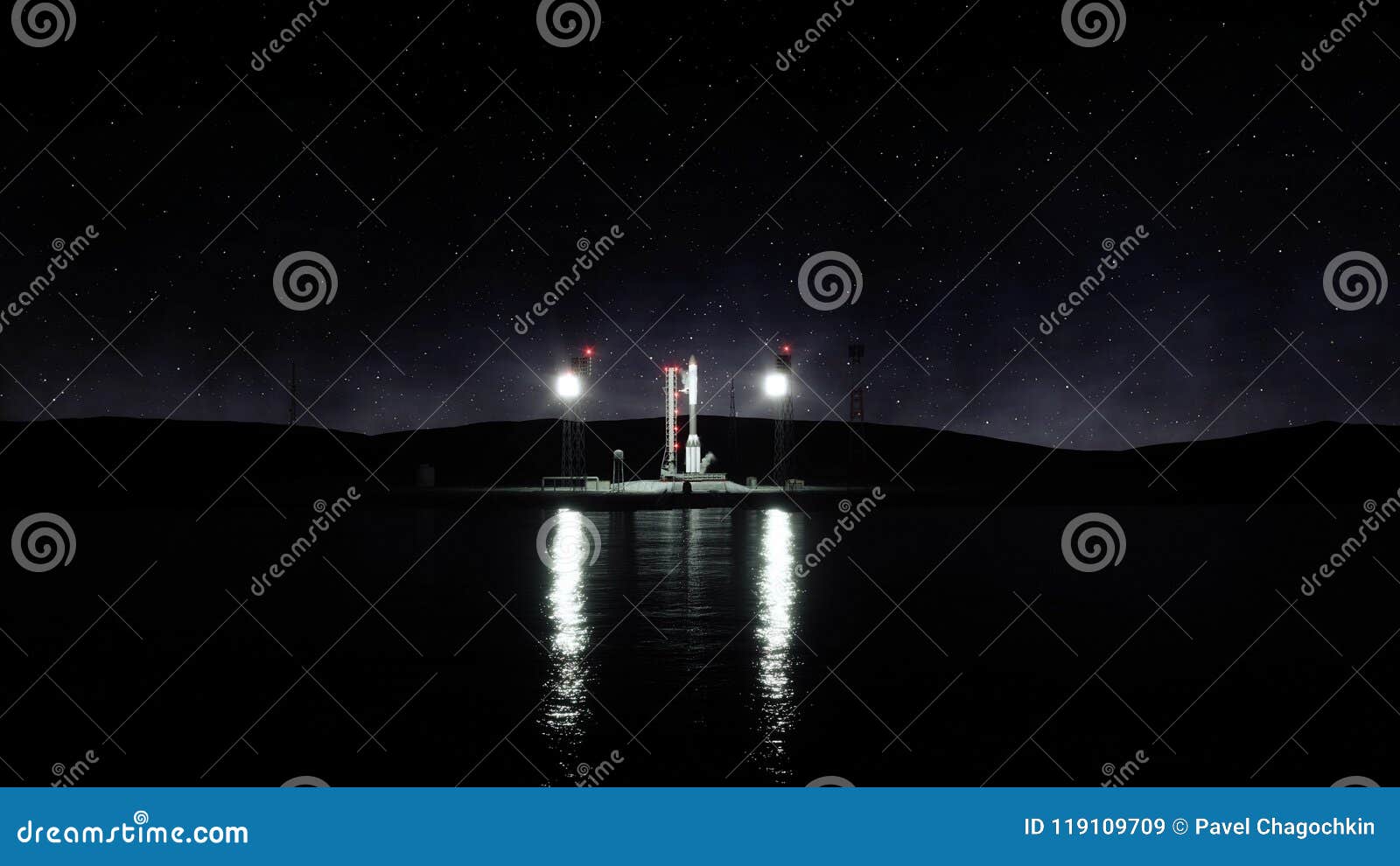Rocket before the Start. Space Launch System. 3d Rendering. Stock Image ...
