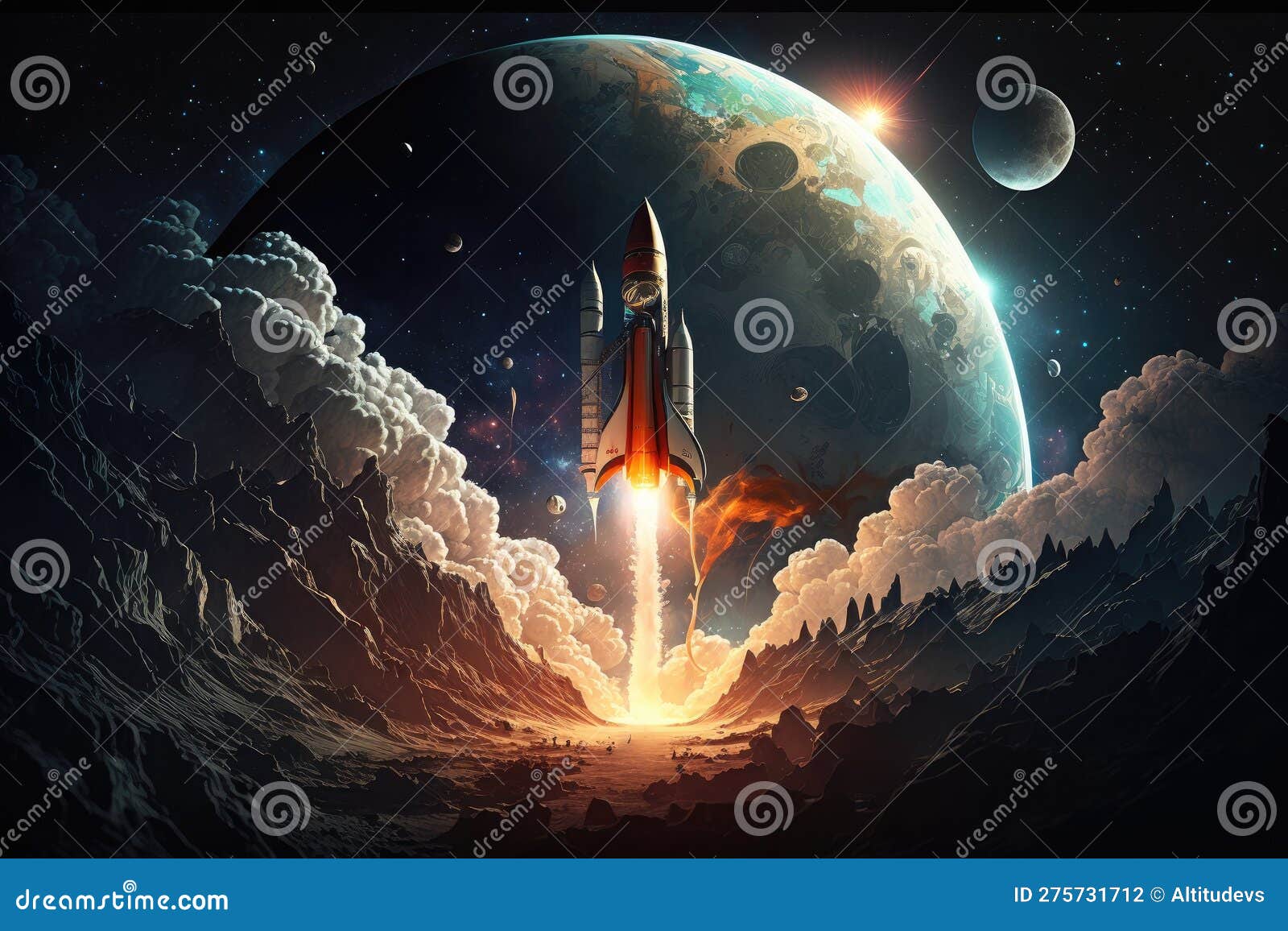Rocket Start in Space, with View of the Stars and Planets Visible Stock ...