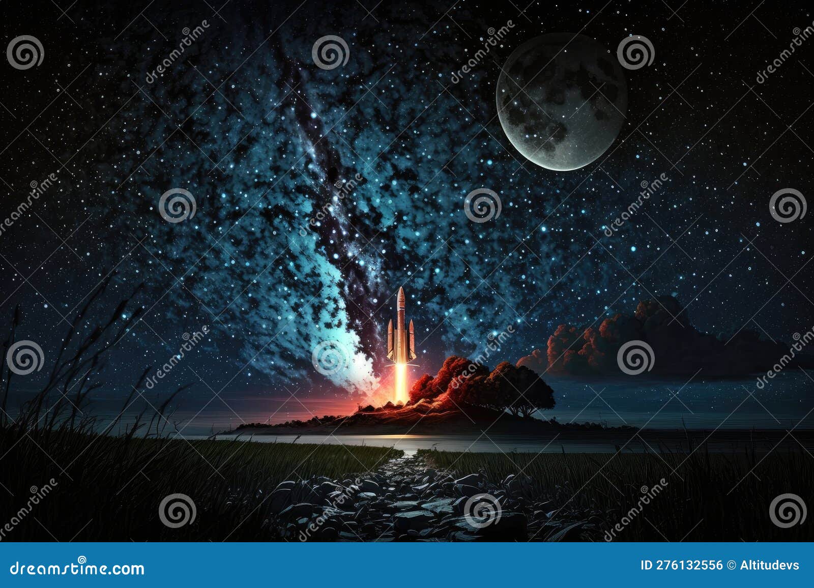 Rocket Start, with View of Distant Starry Night Sky Stock Photo - Image ...