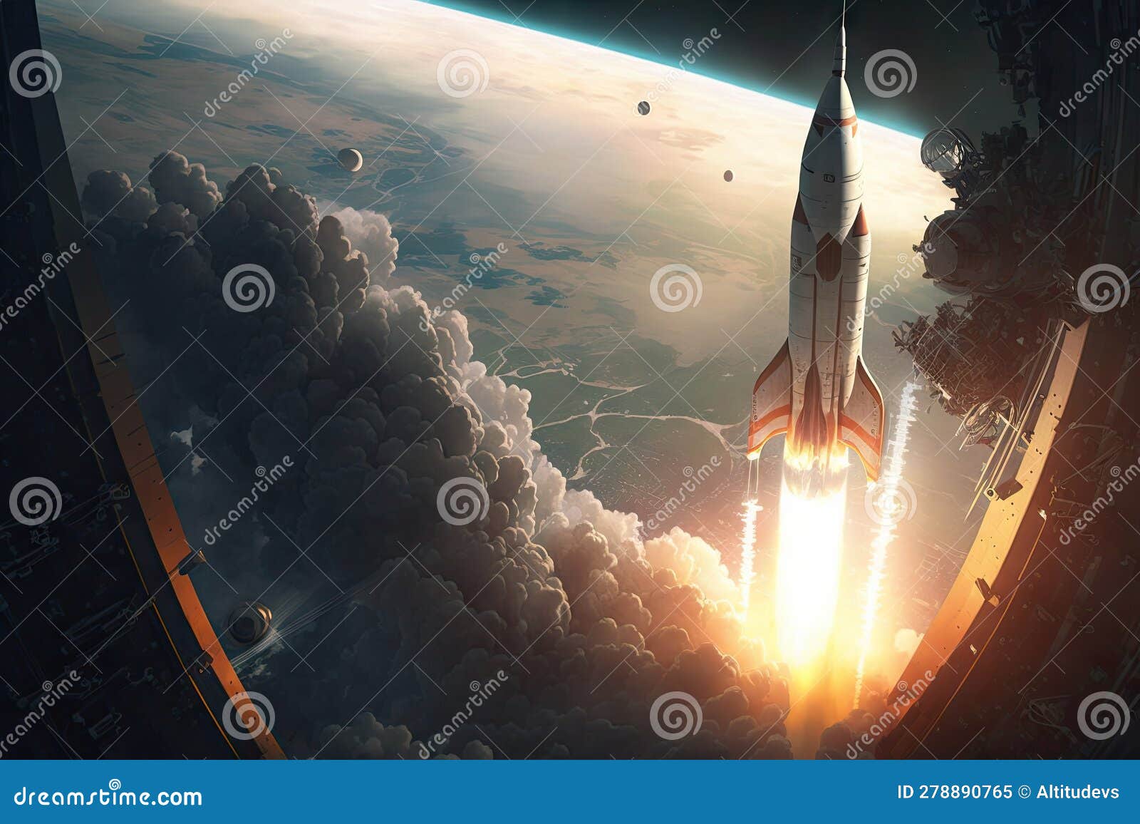 Rocket Start, with View of Space Station in the Background Stock ...