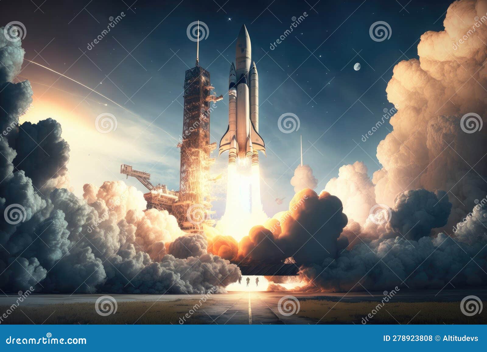 Rocket Start, with View of Space Station in the Background Stock ...