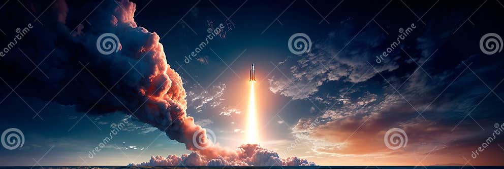 Rocket Starting Its Space Exploration Mission, with the Starry Sky As a ...