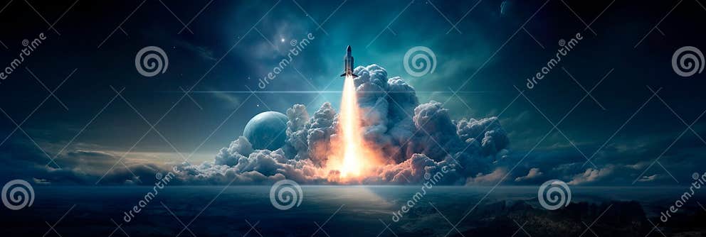 Rocket Starting Its Space Exploration Mission, with the Starry Sky As a ...