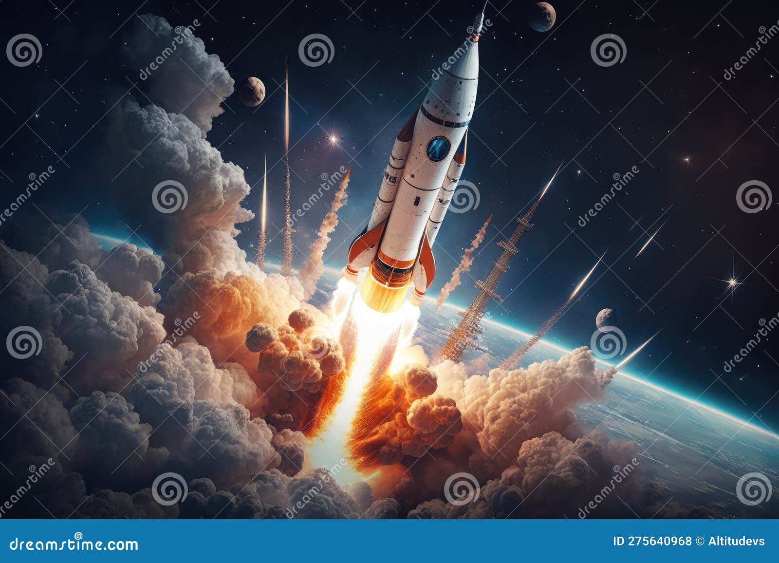 Rocket Starting, with View of Space and Stars in the Background Stock ...