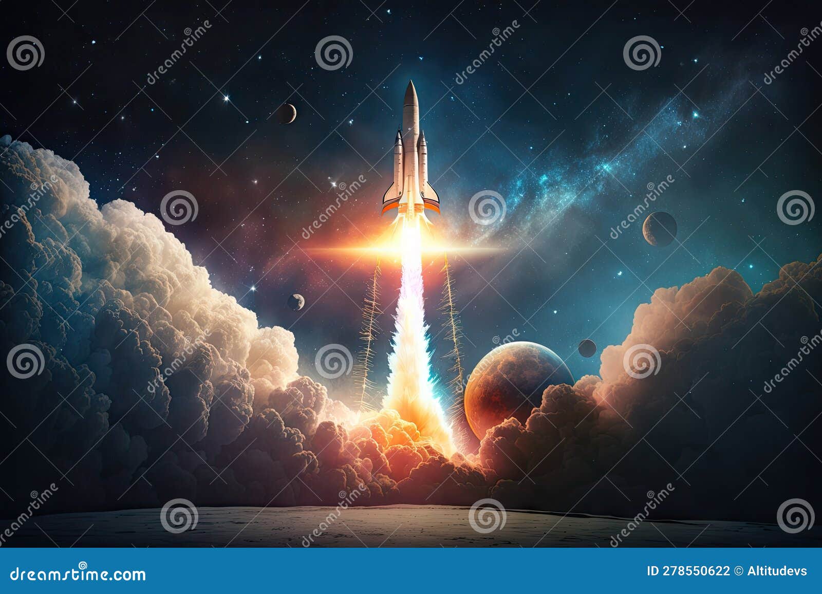 Rocket Starting, with View of Space and Stars in the Background Stock ...