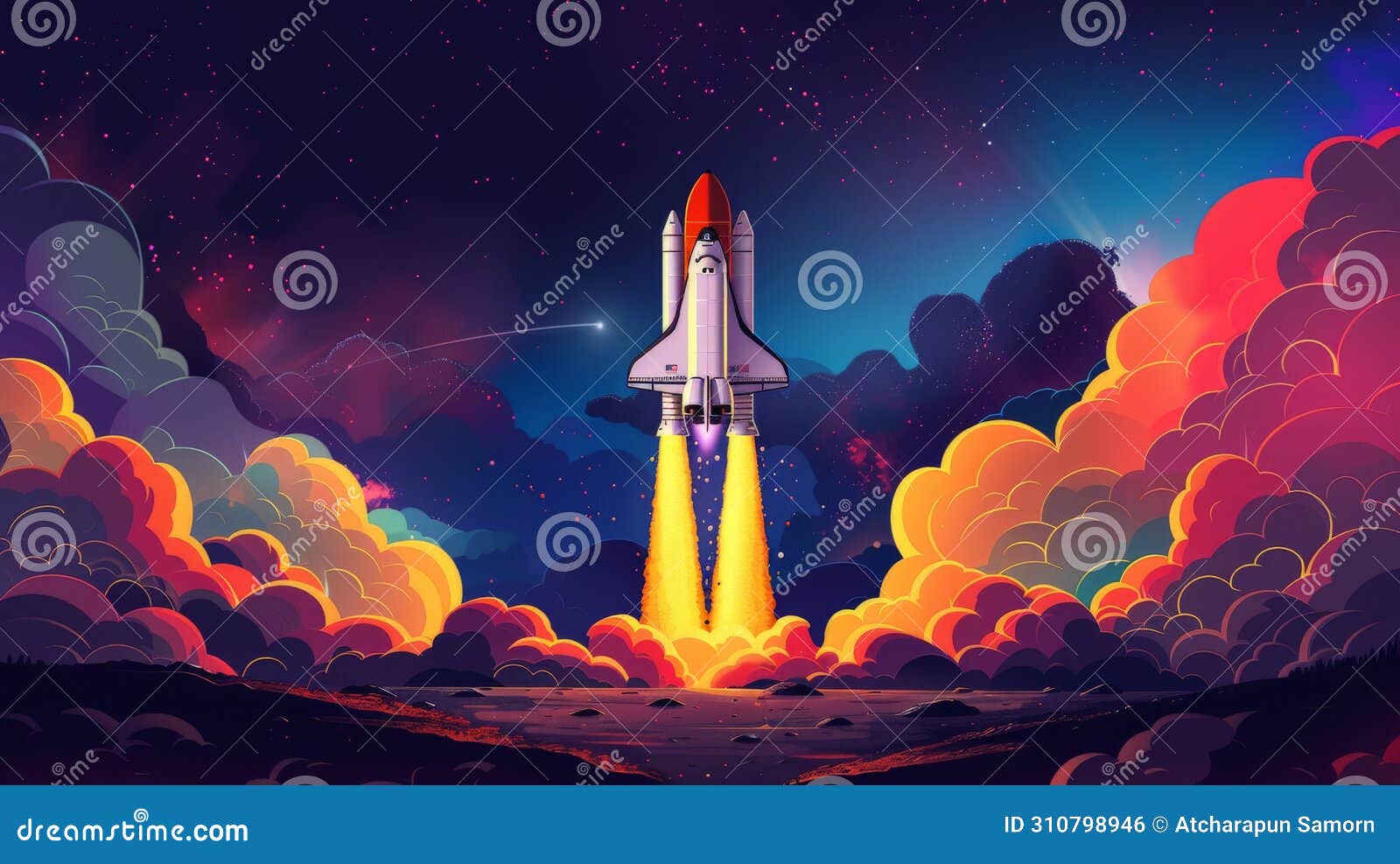 Rocket Starts from Abstract Ground, Spaceship Launch with Fire and ...
