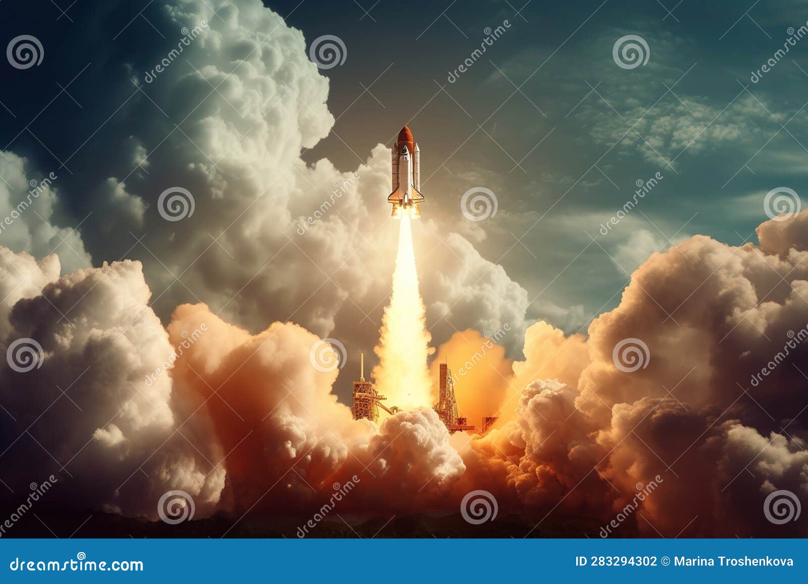 Rocket starts into space. stock illustration. Illustration of star ...