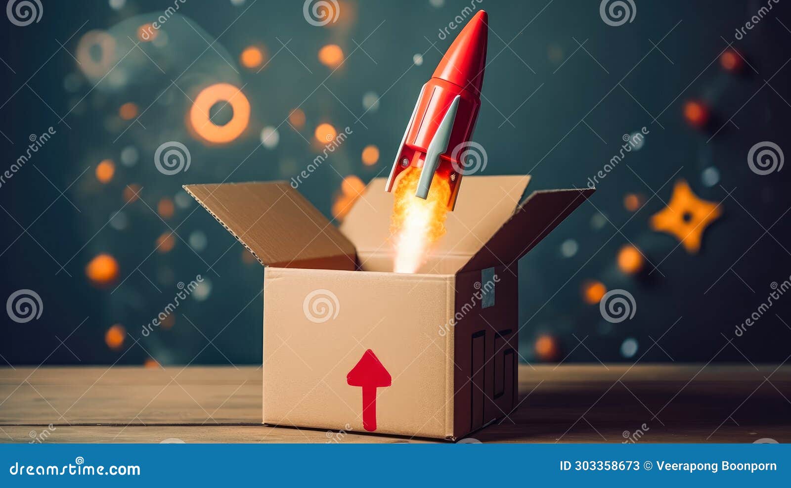 Rocket Starts Taking Off from Cardboard Box. Stock Illustration ...