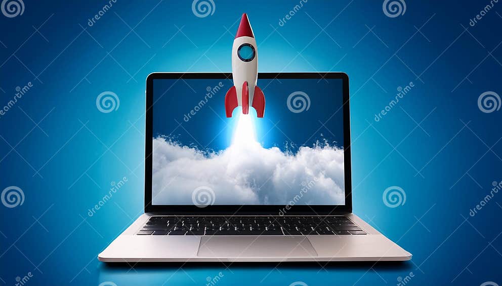 Rocket Symbol Rising from Laptop Screen on Blue Background. 3D ...