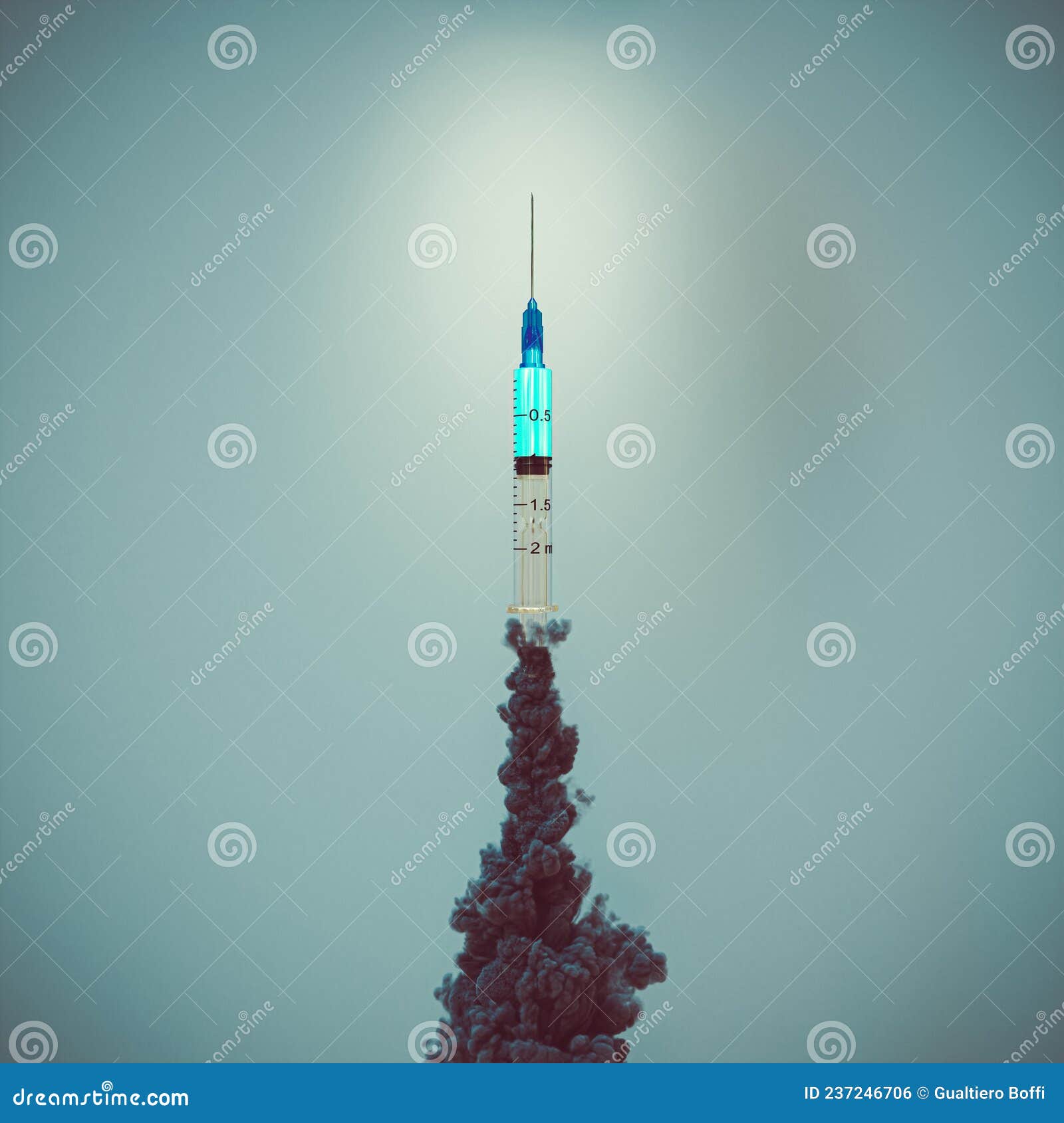 Rocket Syringe with Smoke on Light Blue Background Stock Illustration ...