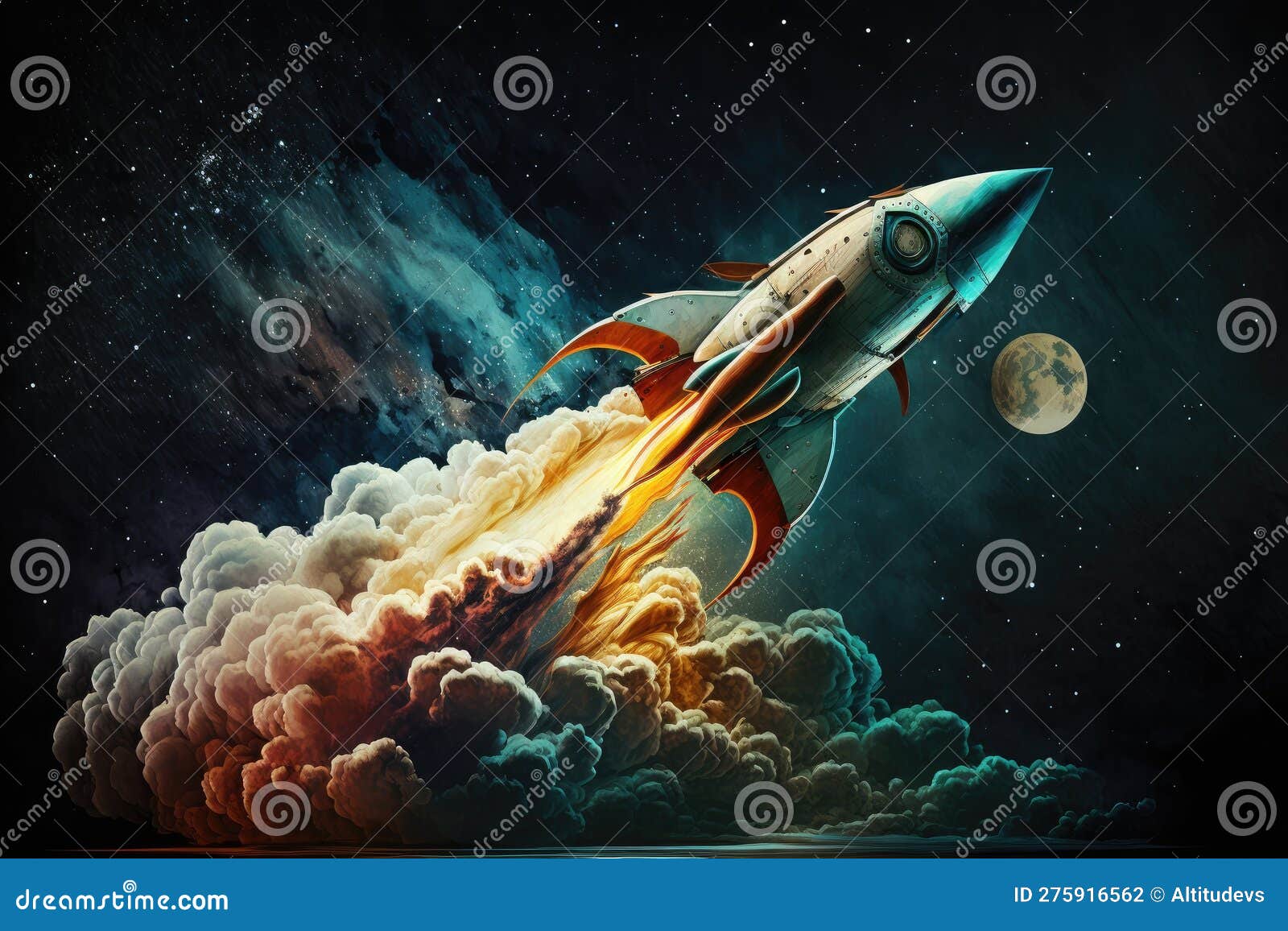 Rocket, with Tail of Fire and Smoke, Taking Off into Starry Night Sky ...