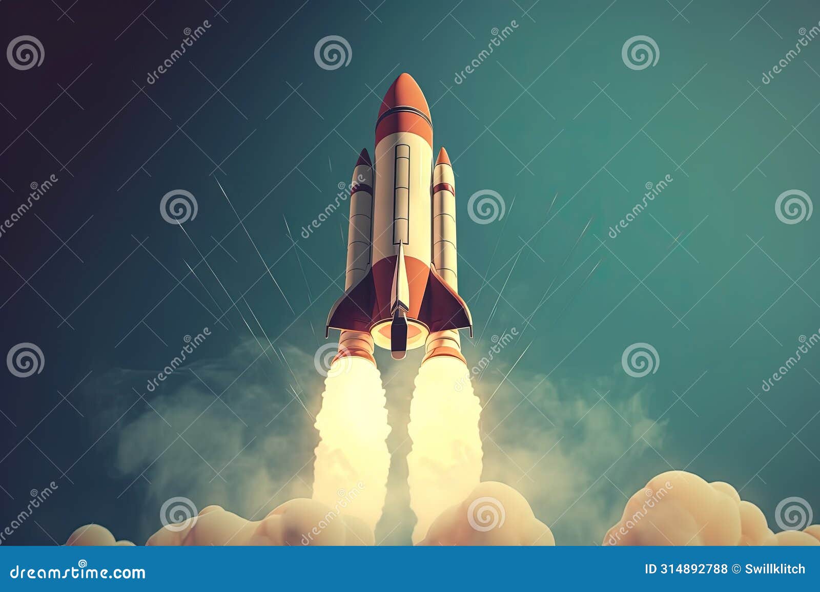Rocket Takeoff in Retro Style. Vintage Space Rocket Start with Fire and ...