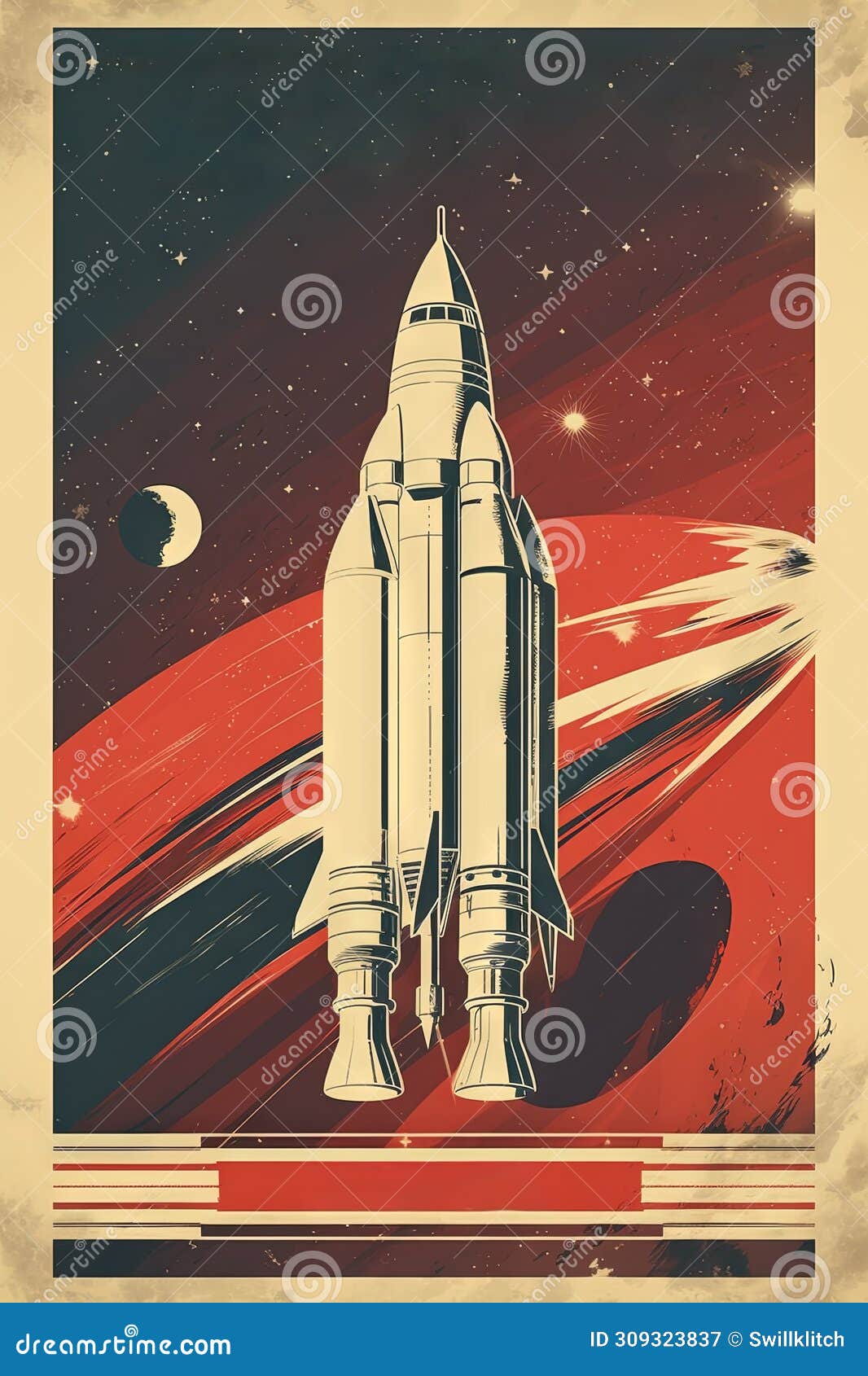 Rocket Takeoff in Retro Style. Vintage Space Rocket Start with Fire and ...