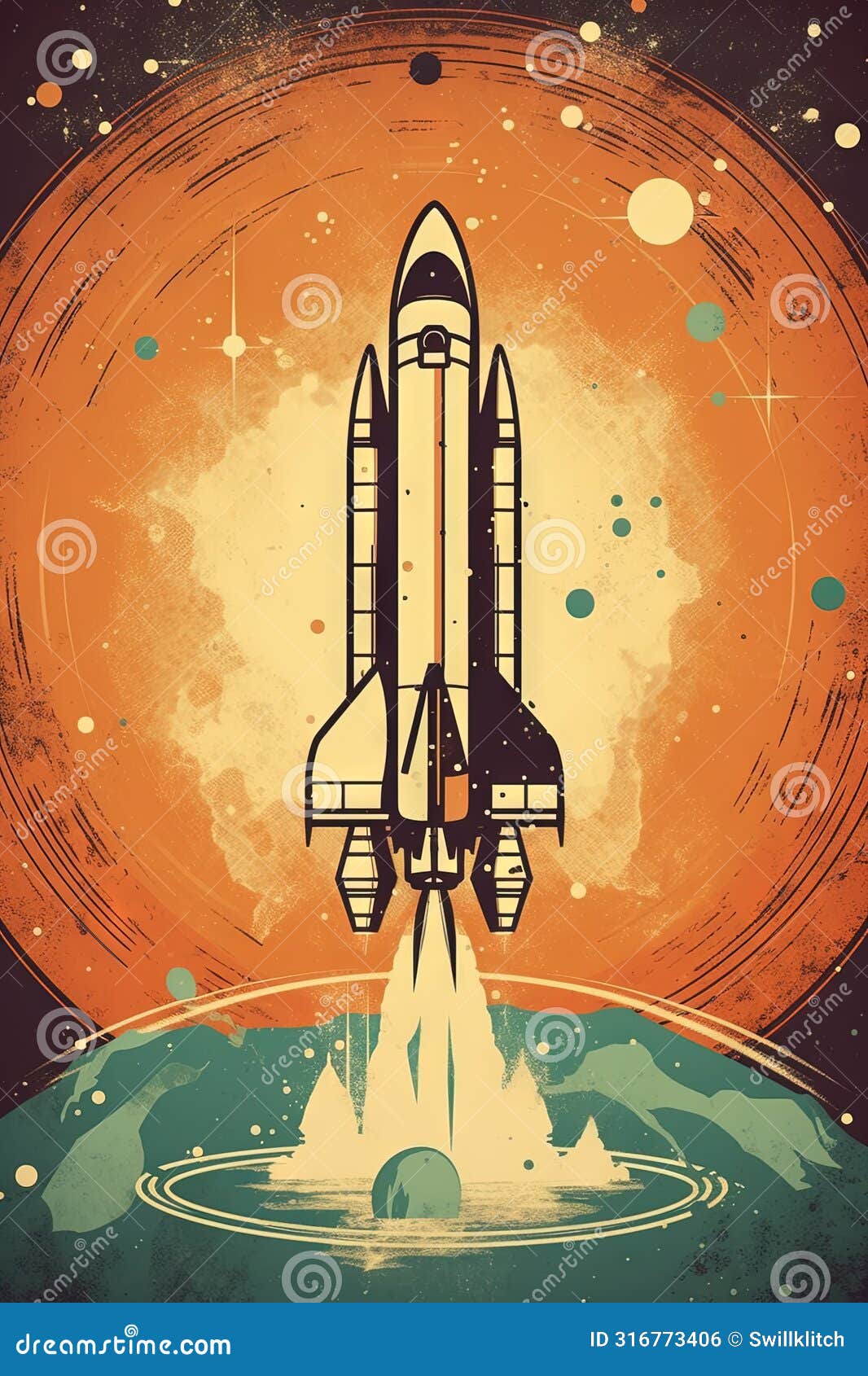 Rocket Takeoff in Retro Style. Vintage Space Rocket Start with Fire and ...