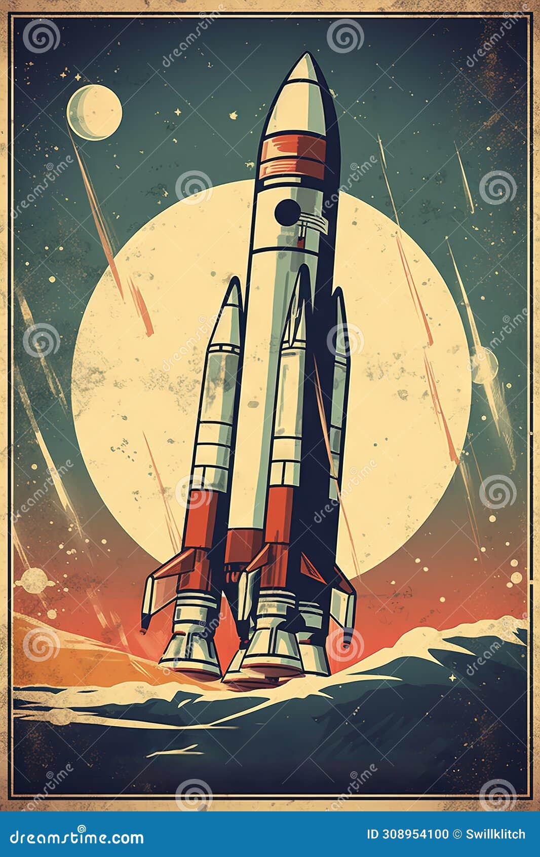 Rocket Takeoff in Retro Style. Vintage Space Rocket Start with Fire and Smoke. Stock Photo ...