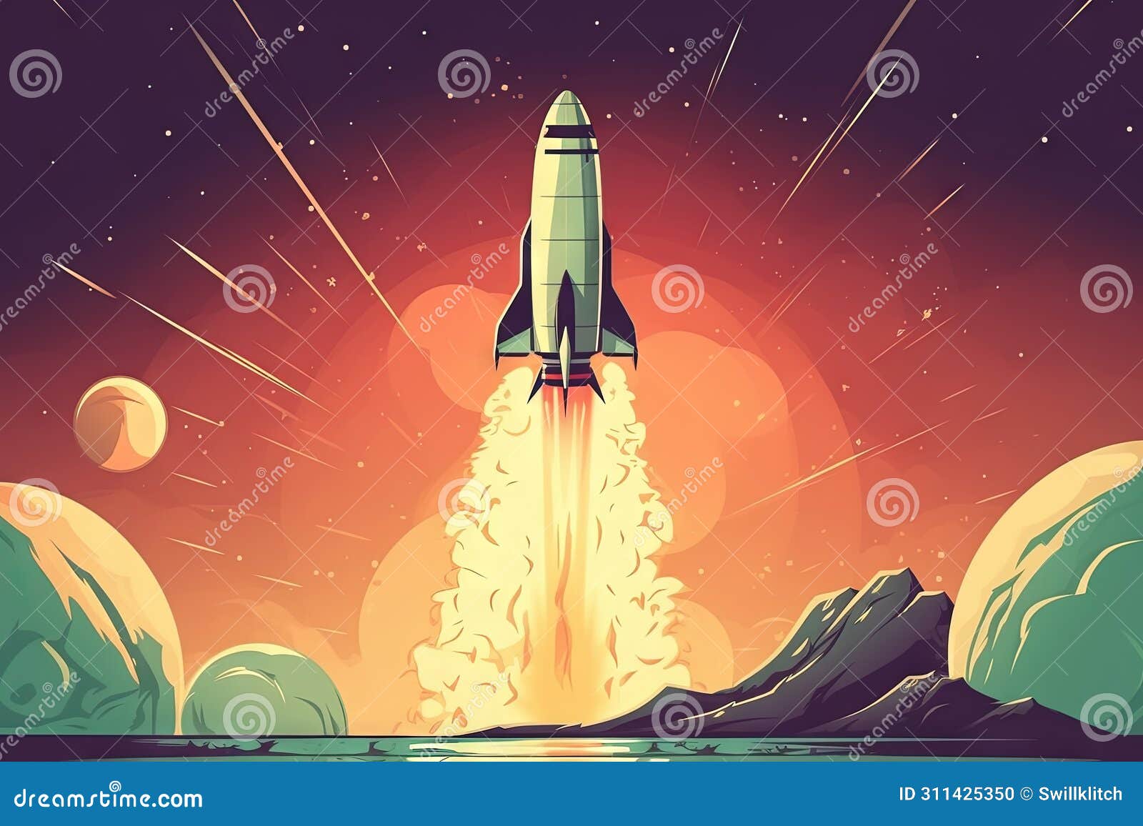 Rocket Takeoff in Retro Style. Vintage Space Rocket Start with Fire and ...