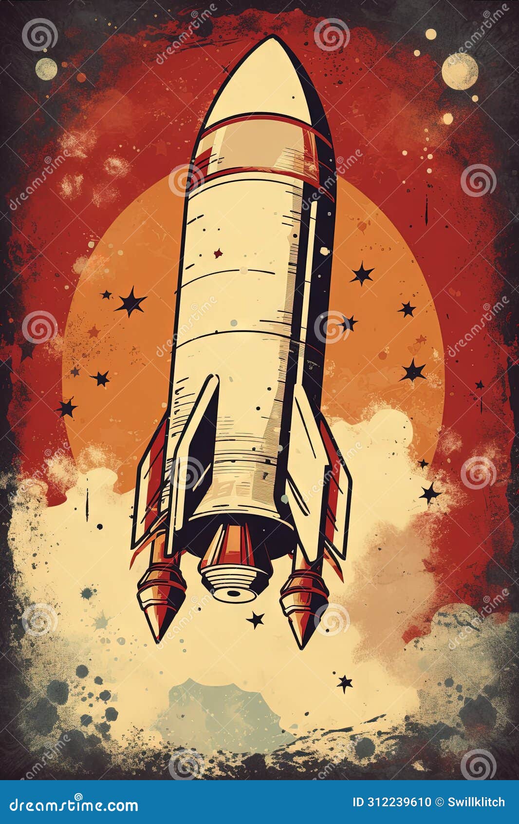 Rocket Takeoff in Retro Style. Vintage Space Rocket Start with Fire and ...