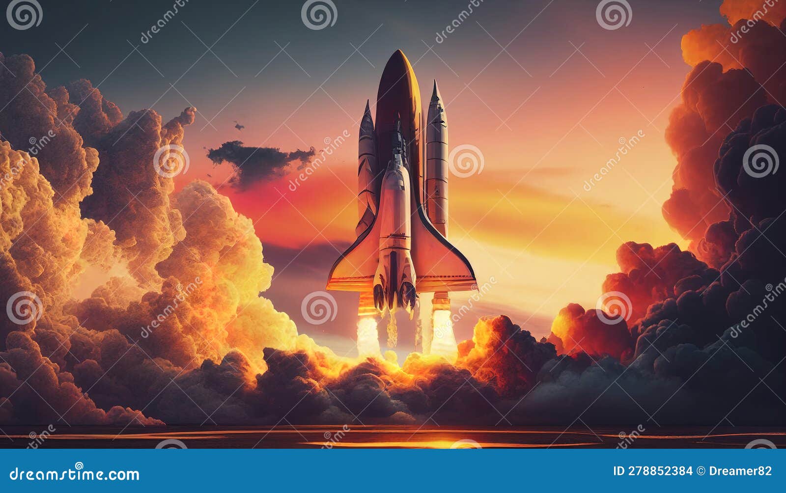 Rocket Takes Off into the Sky. Lots of Fire, Smoke and Gas Stock ...