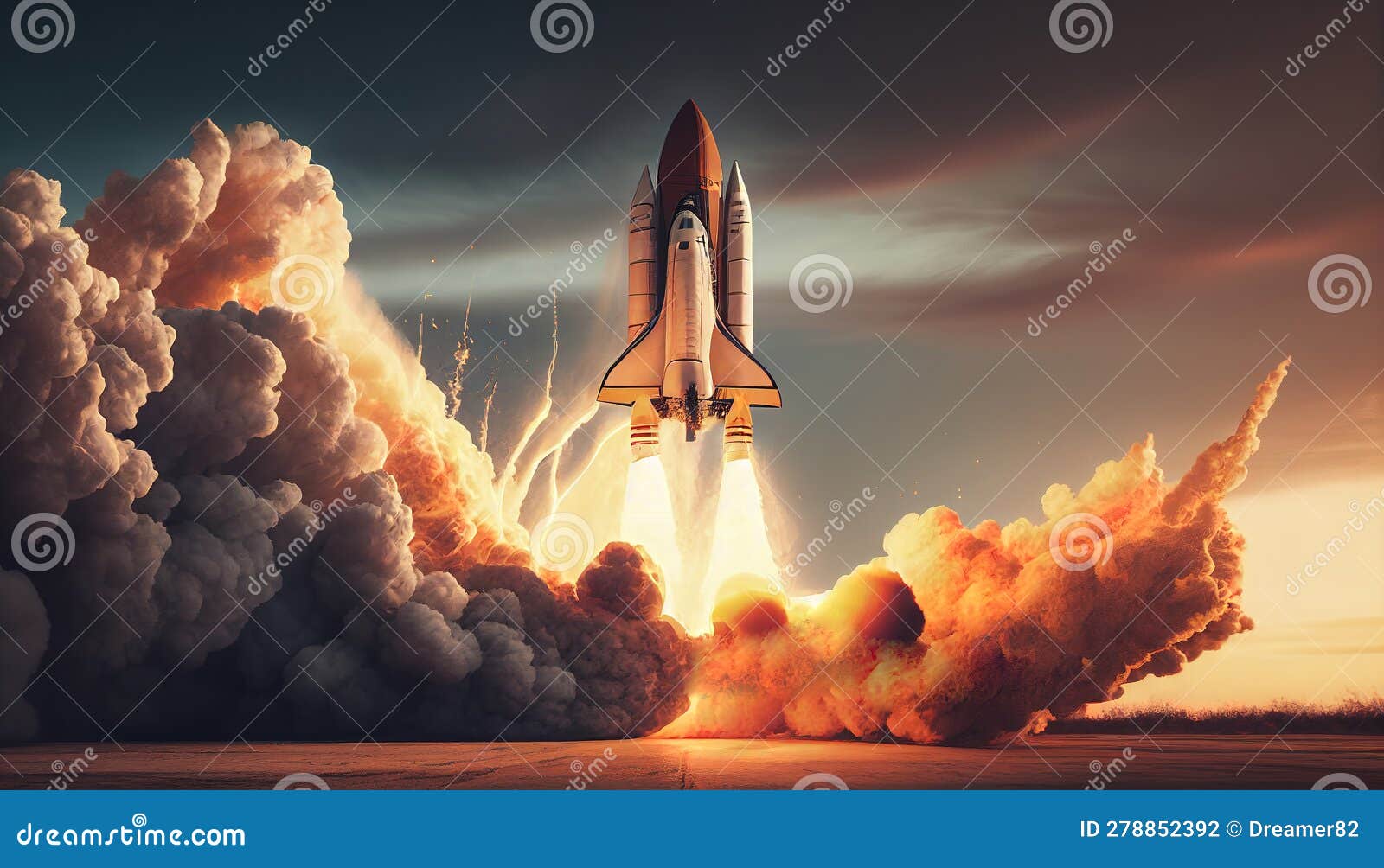 Rocket Takes Off into the Sky. Lots of Fire, Smoke and Gas Stock ...