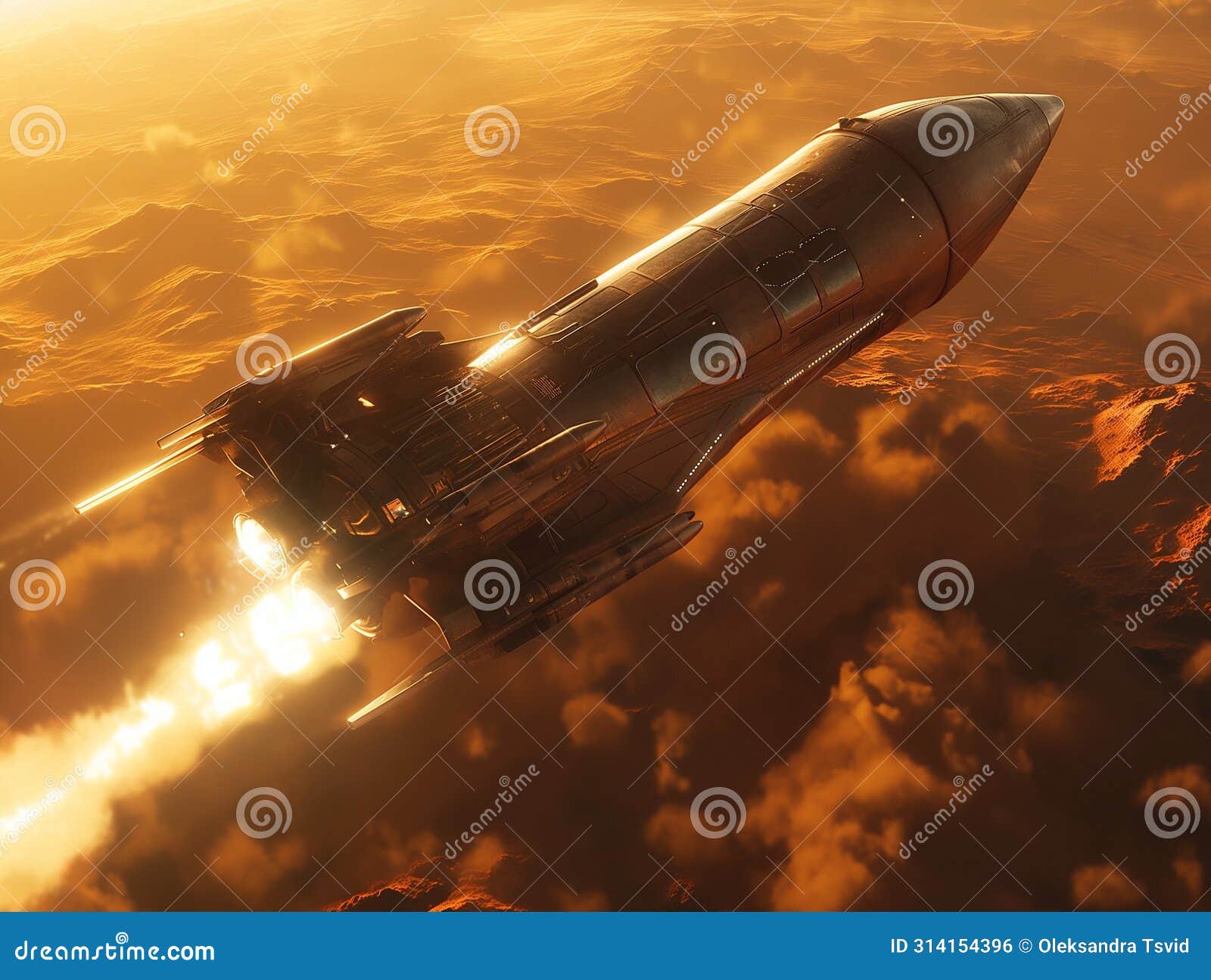 Rocket Takes Off in the Sky. Spaceship Begins the Mission Stock Photo ...