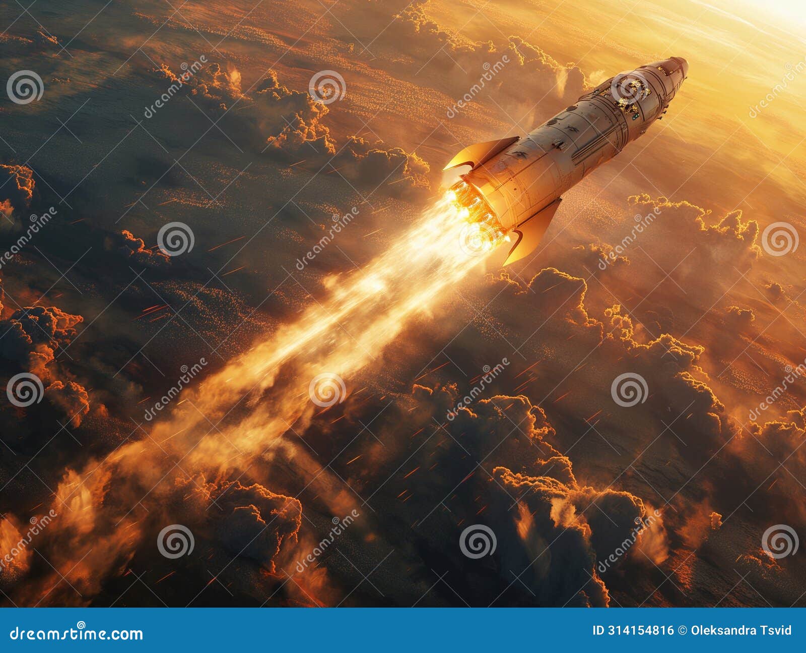 Rocket Takes Off in the Sky. Spaceship Begins the Mission Stock Photo ...