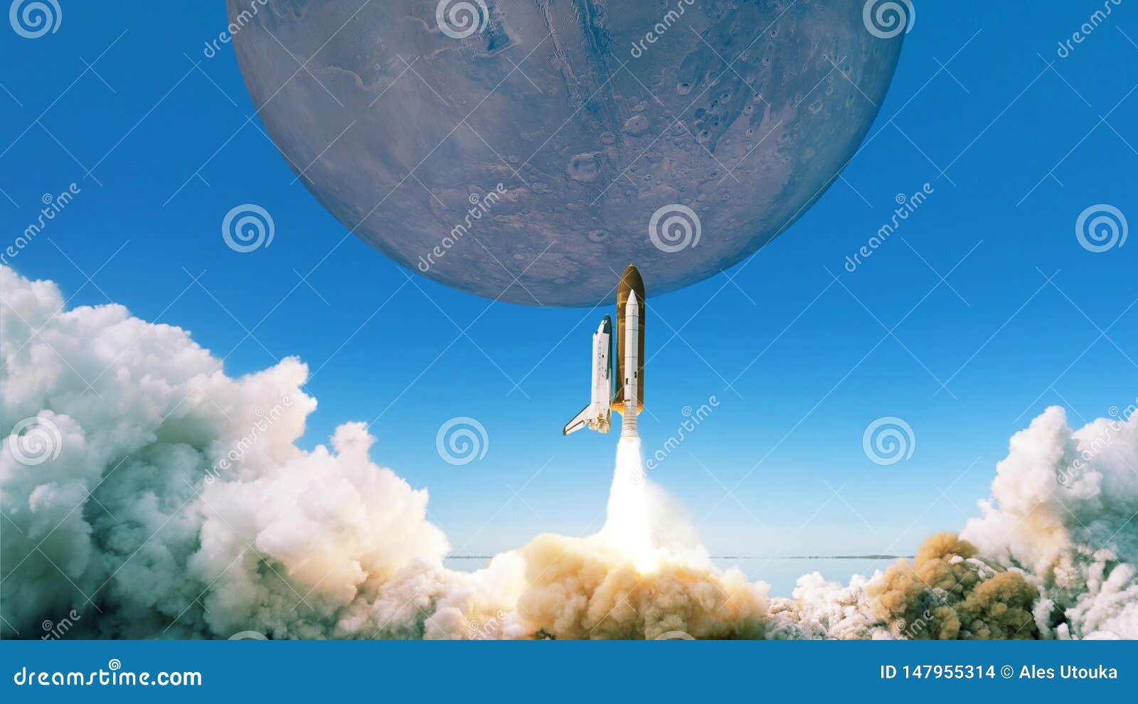 Rocket Takes Off To the Planet Mars. Space Ship Flying into the Sky ...