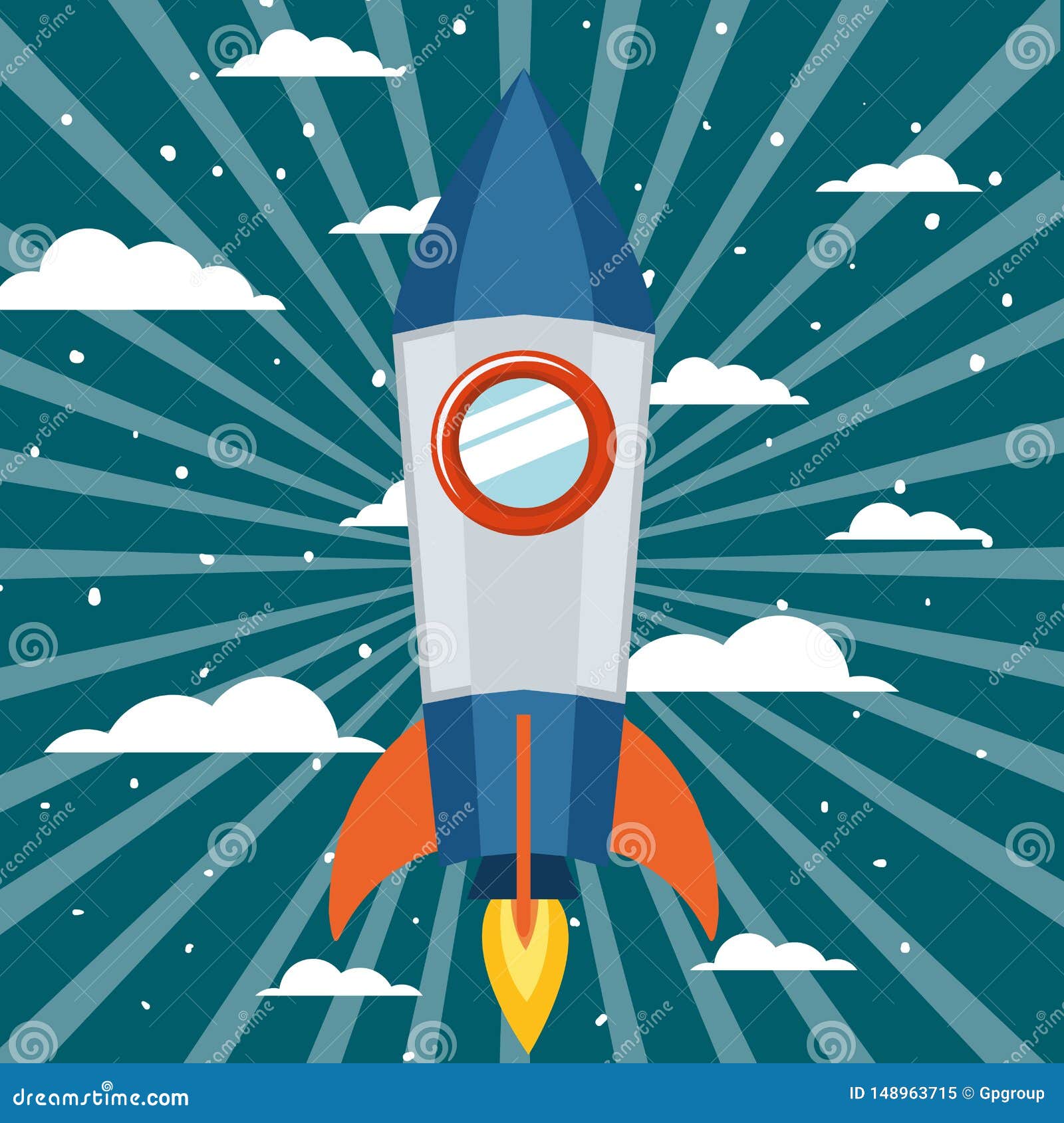 Rocket Taking Off with Clouds of Background Stock Vector - Illustration ...