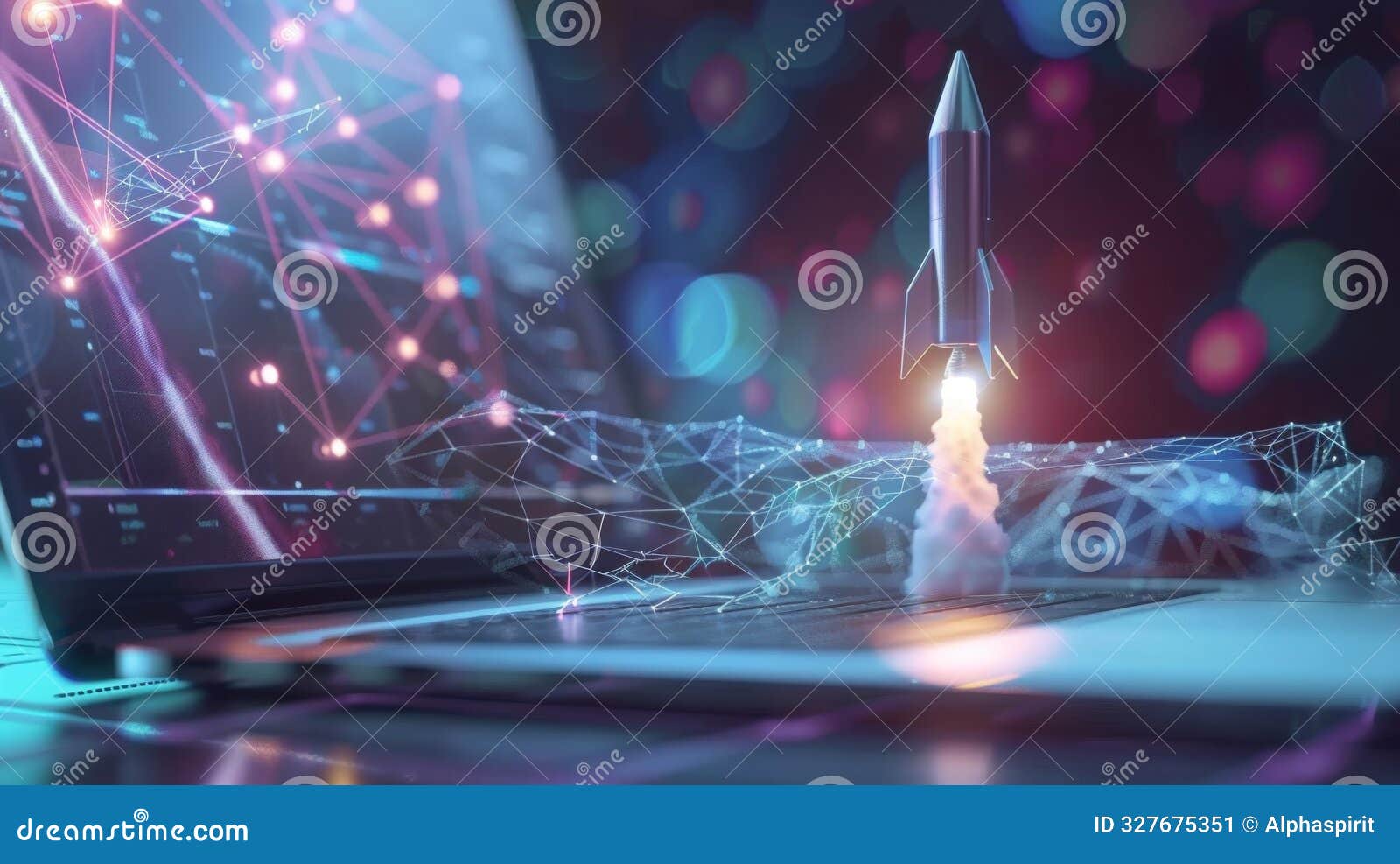Rocket Taking Off from Laptop Keyboard with Network Connection Stock ...
