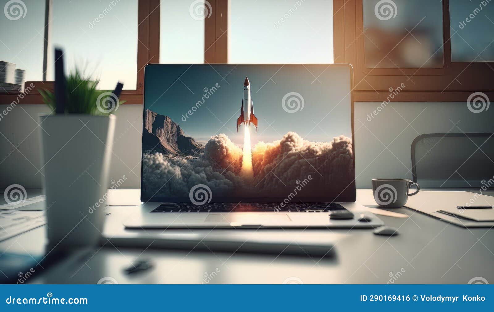 Rocket Taking Off from Laptop Screen on Top of Office Desk, Startup ...