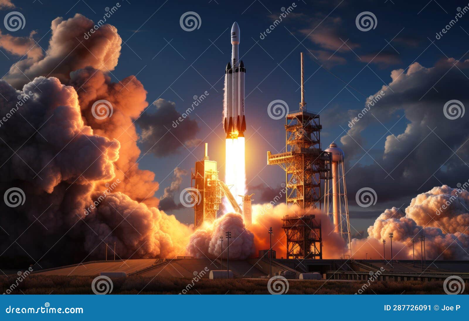 Rocket Taking Off from a Launch Pad Surrounded by Heavy Smoke Stock ...