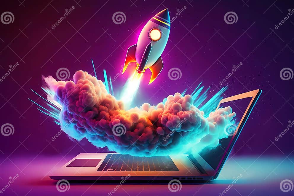 Rocket Taking Off in Open Laptop Screen. Generative Ai Design Stock ...
