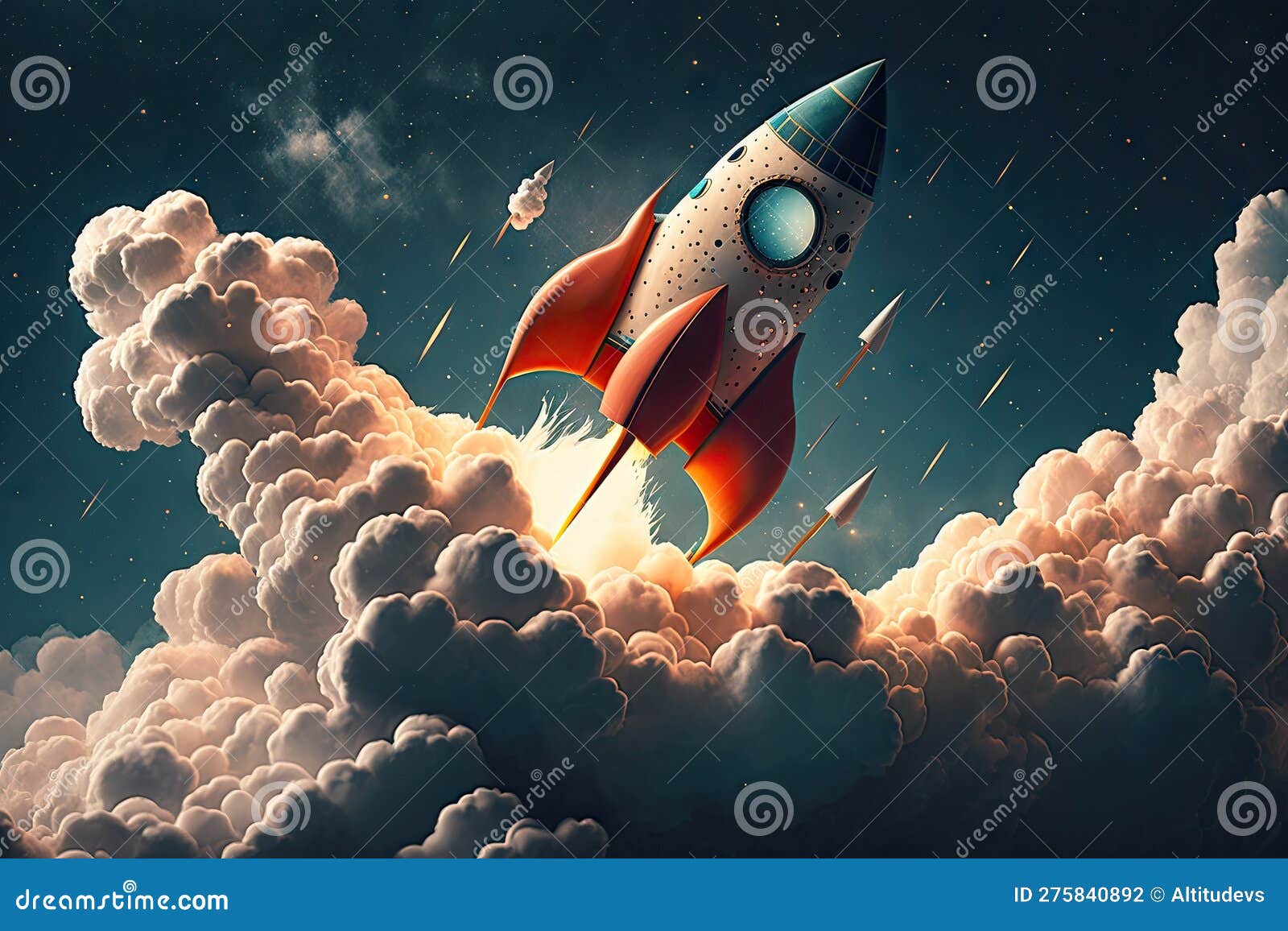 Rocket Taking Off into the Sky with Clouds and Stars in the Background ...