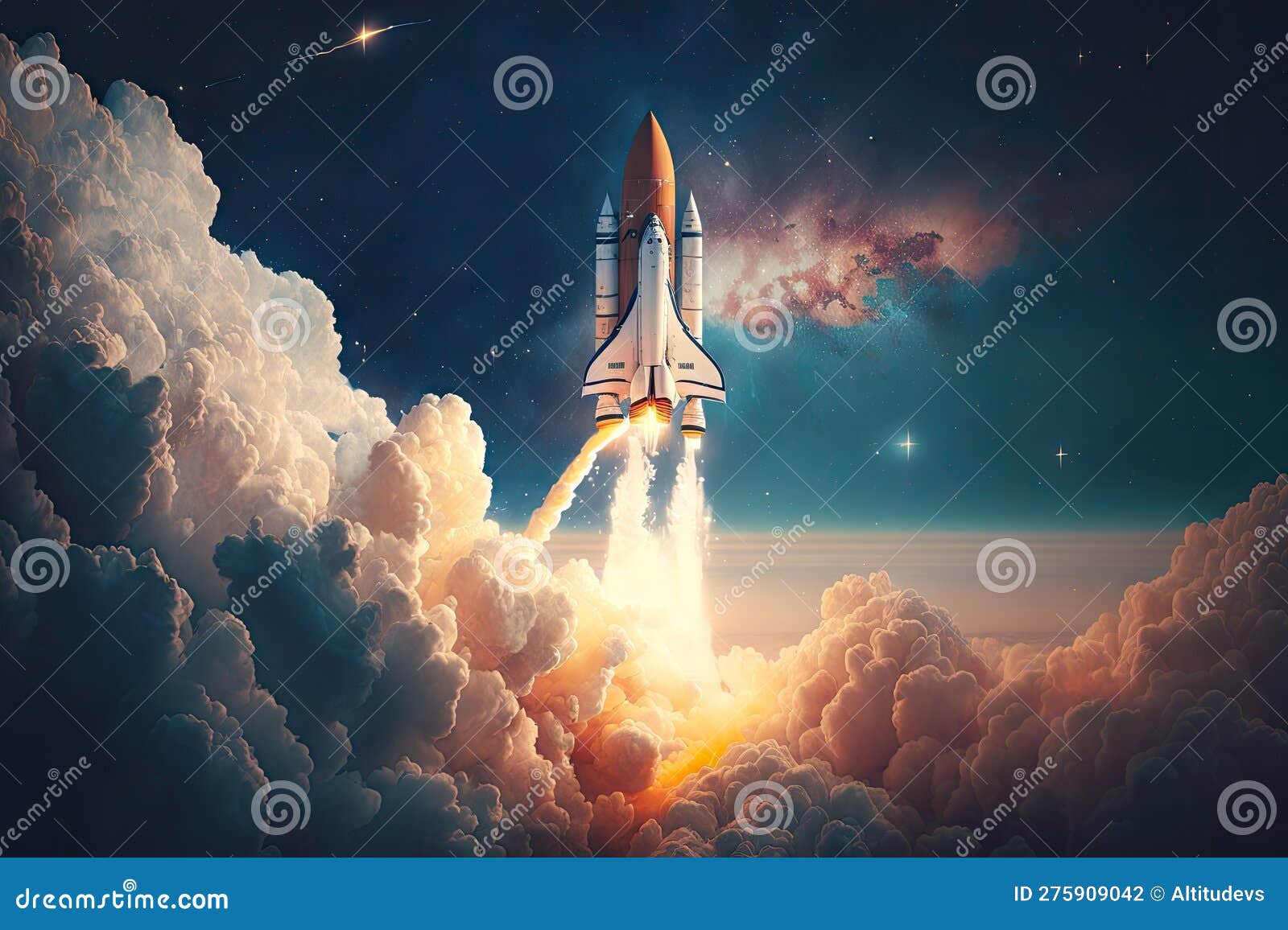 Rocket Taking Off into the Sky with Clouds and Stars in the Background ...