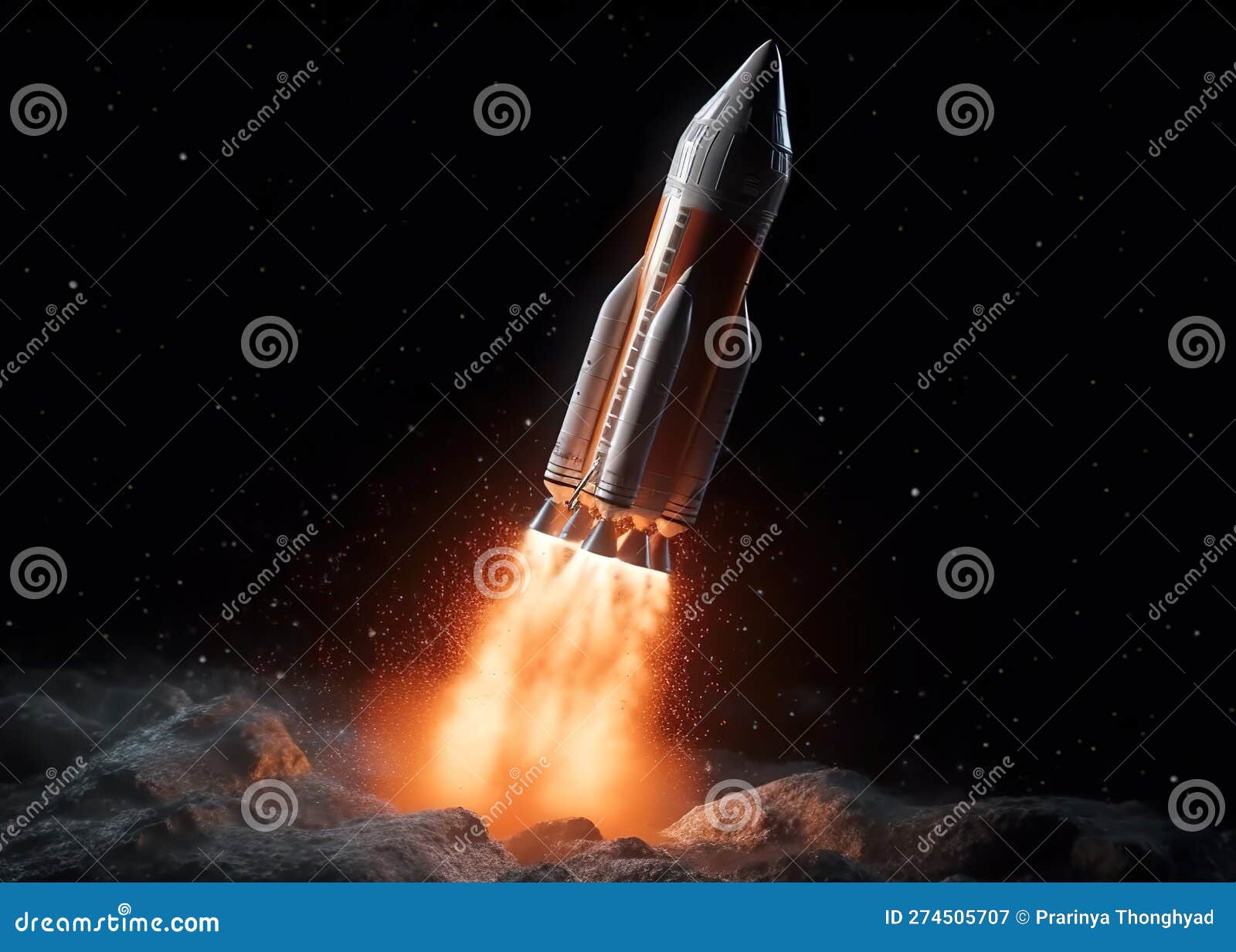 Rocket Taking Off into Space. Rocket with Smoke Flies into Space ...