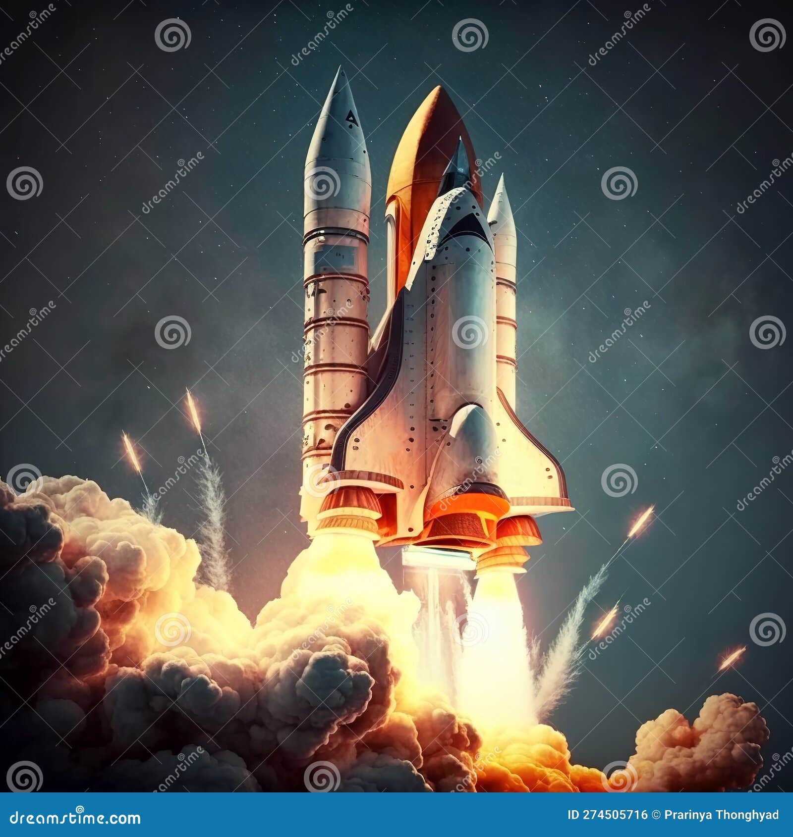 Rocket Taking Off into Space. Rocket with Smoke Flies into Space ...