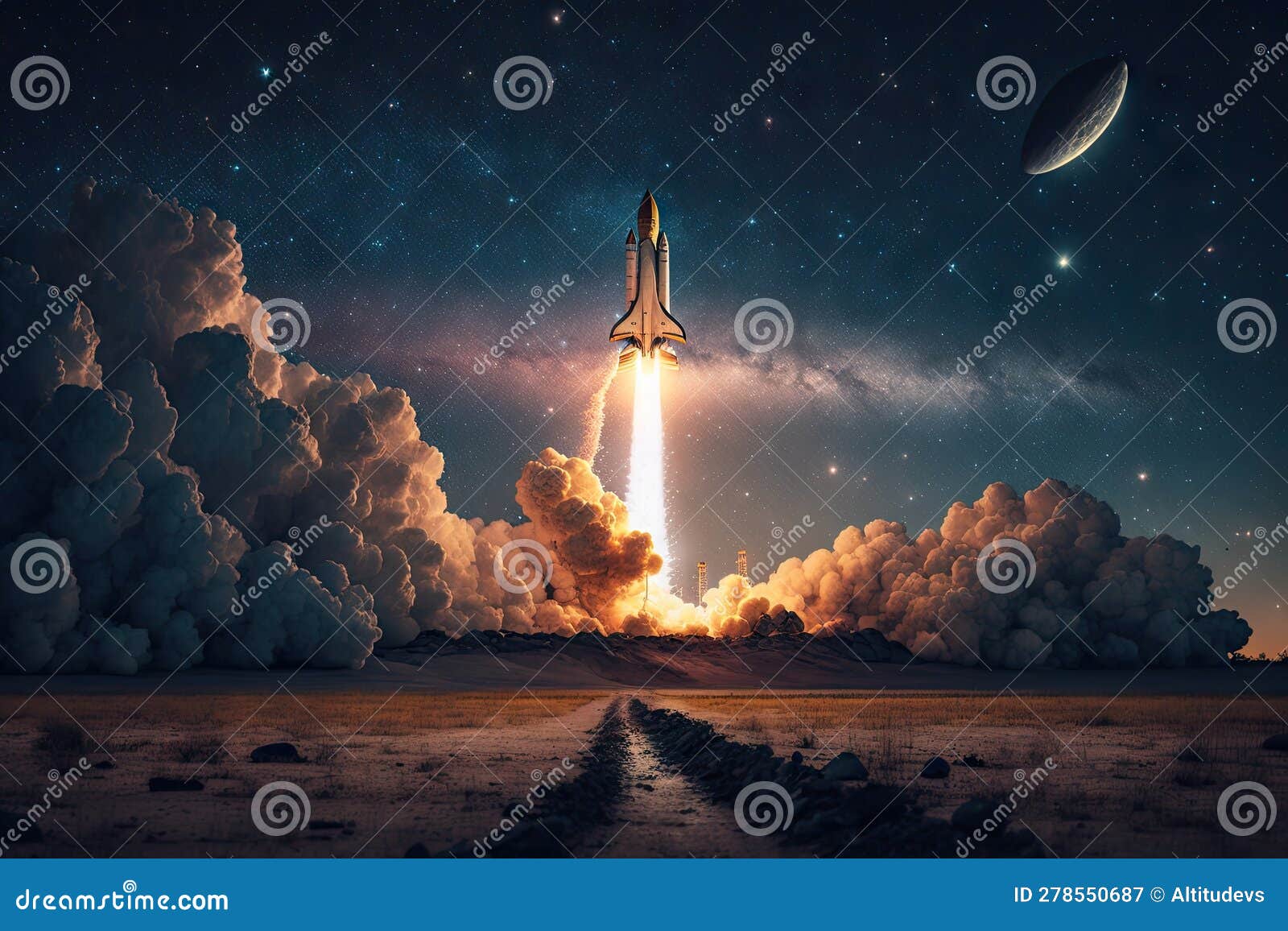 Rocket Taking Off, with View of the Night Sky and Stars Visible in the ...