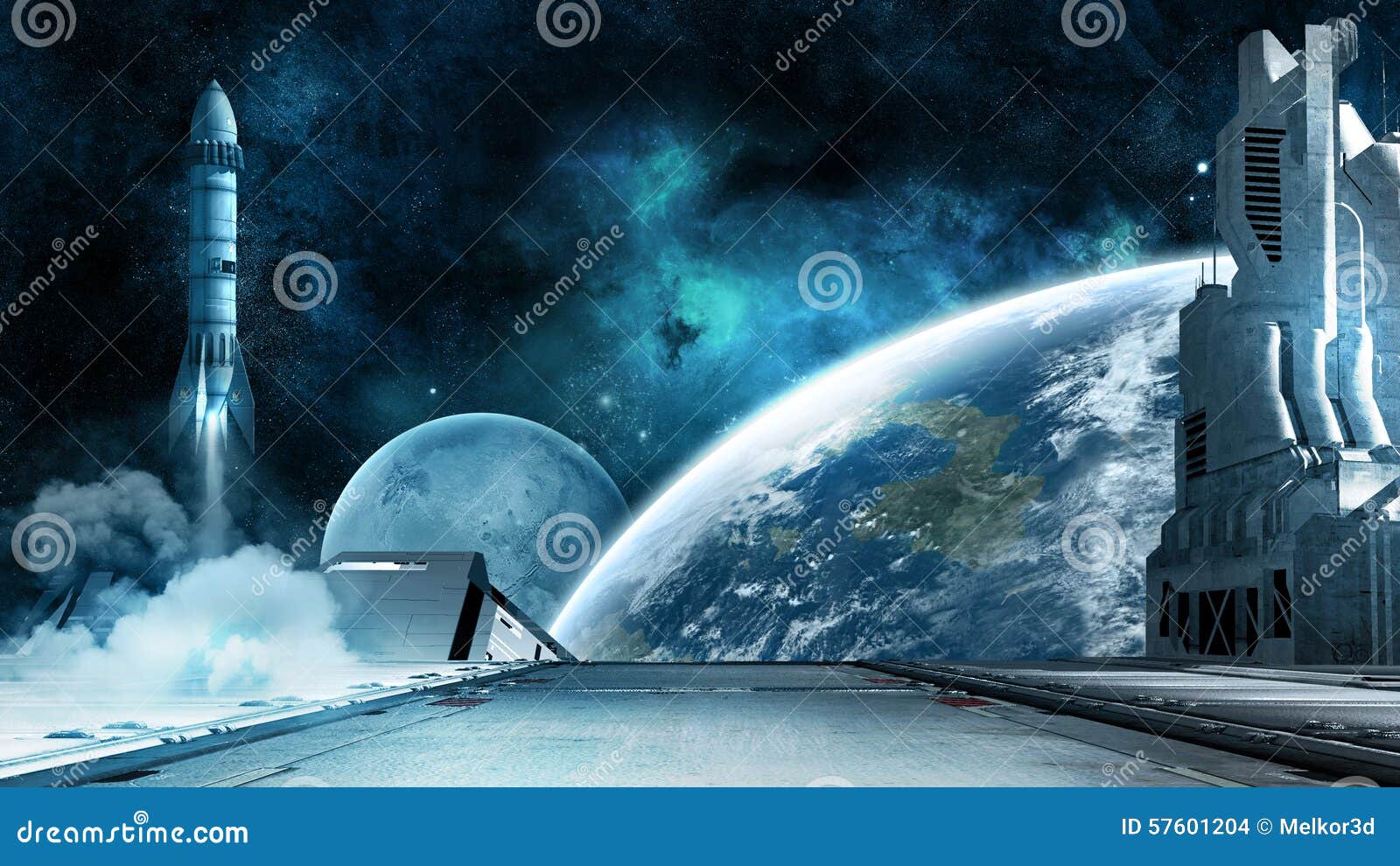 Rocket Taking of Space Station Stock Illustration - Illustration of ...