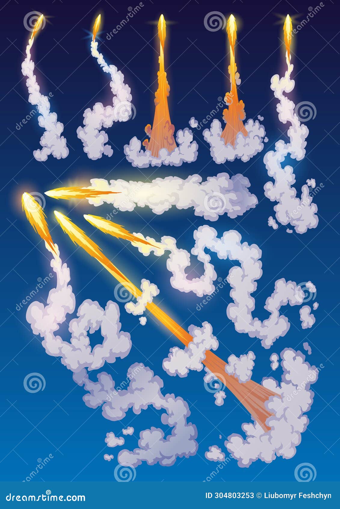 Rocket Trail Fire Smoke Set. Spaceship Launch with Clouds, Spaceflight ...