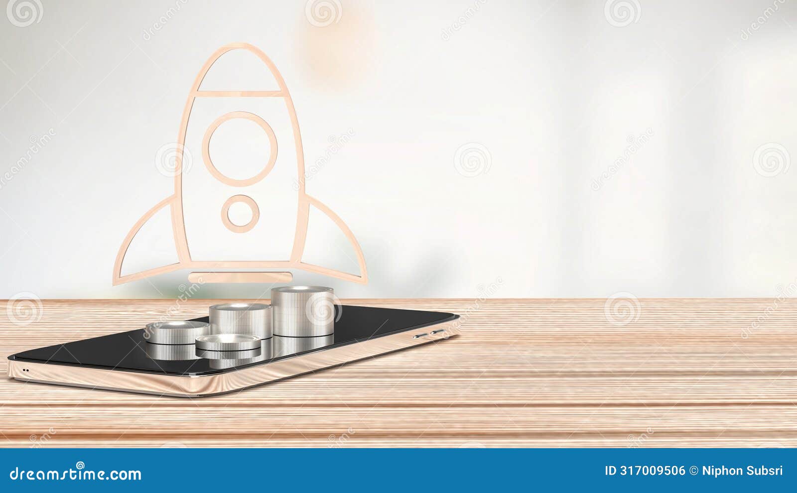 The Rocket and Coins on Mobile for Startup or Technology Concept 3d ...