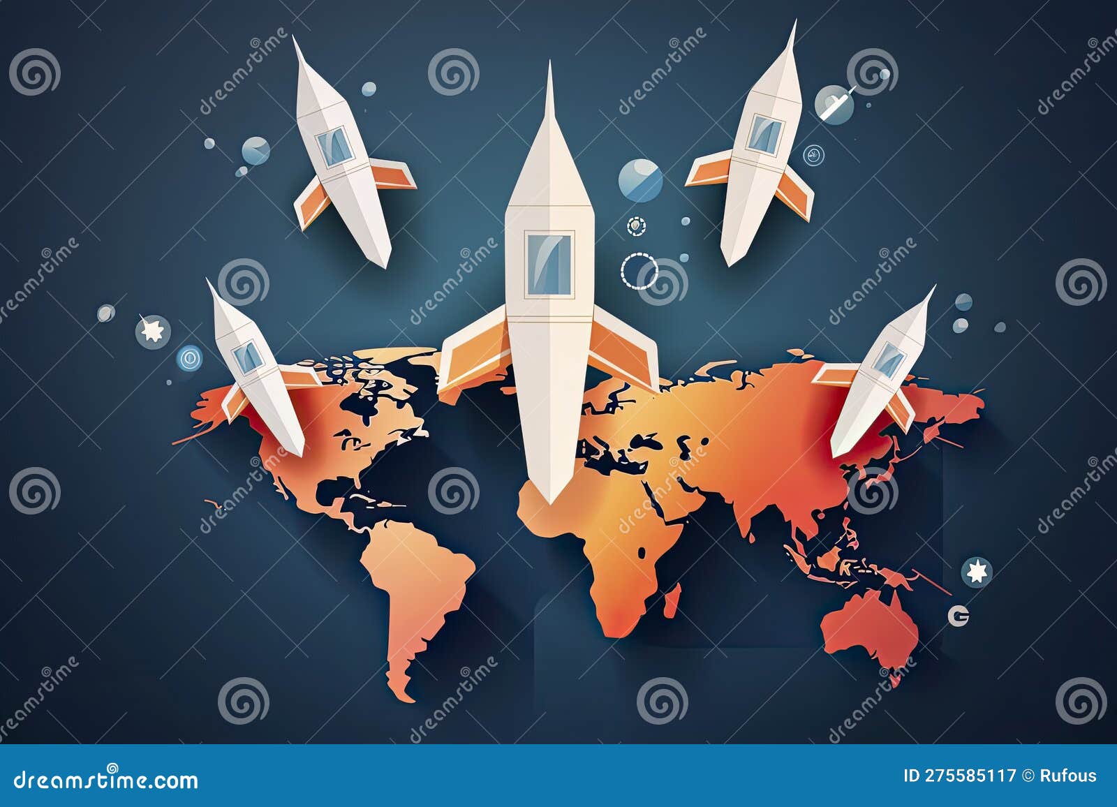 Rockets Launch with Communication and Security Icon on the World Map ...