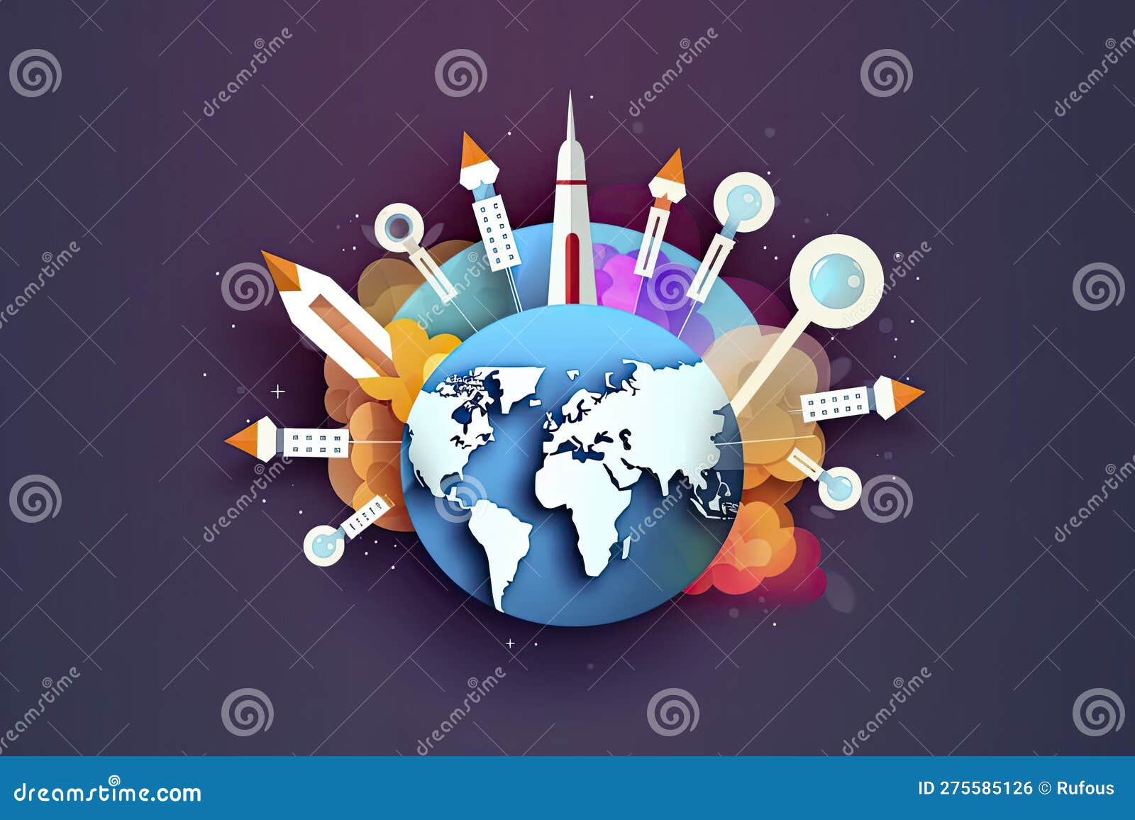 Rockets Launch with Communication and Security Icon on the World Map ...