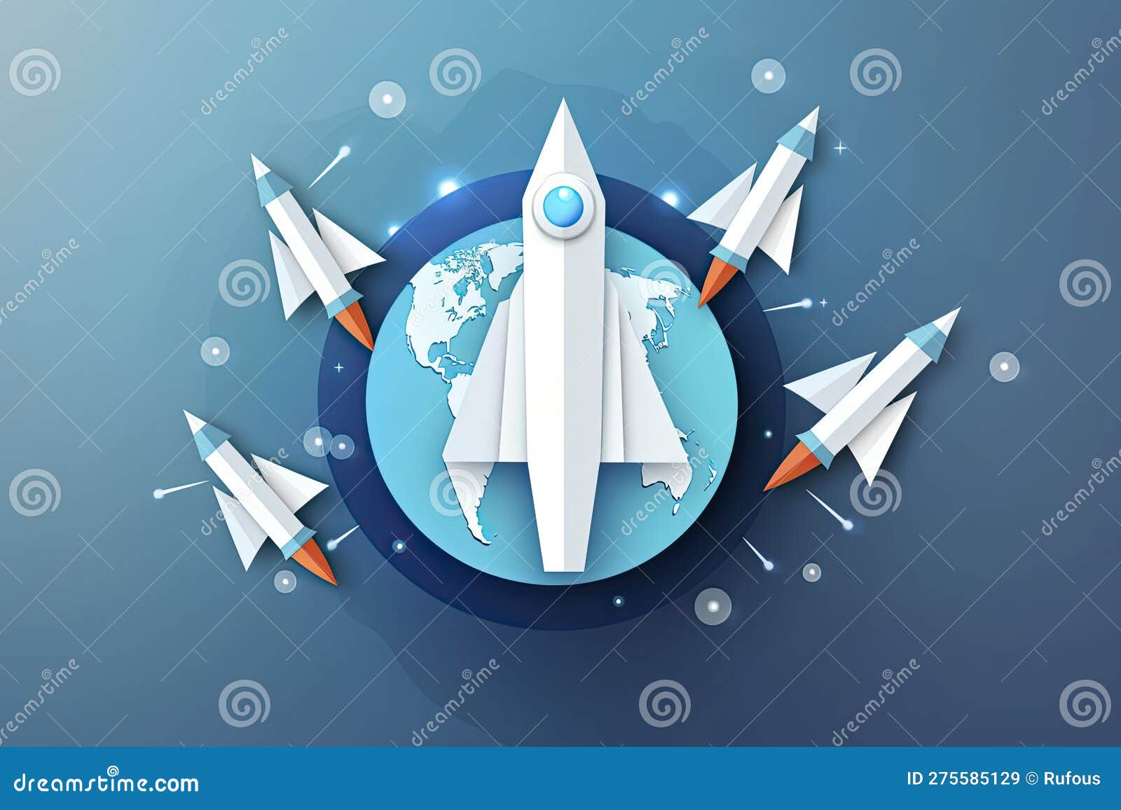 Rockets Launch with Communication and Security Icon on the World Map ...