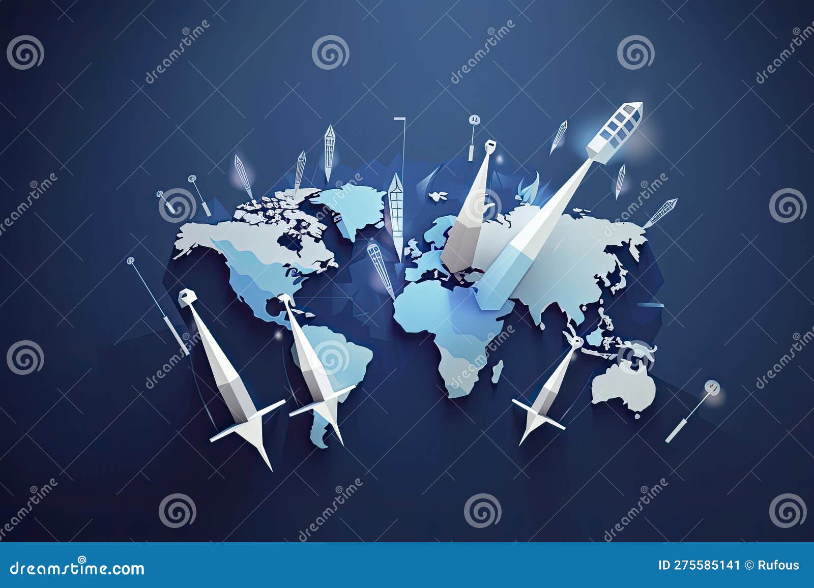 Rockets Launch with Communication and Security Icon on the World Map ...