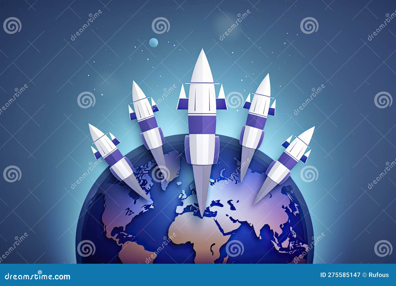 Rockets Launch with Communication and Security Icon on the World Map ...