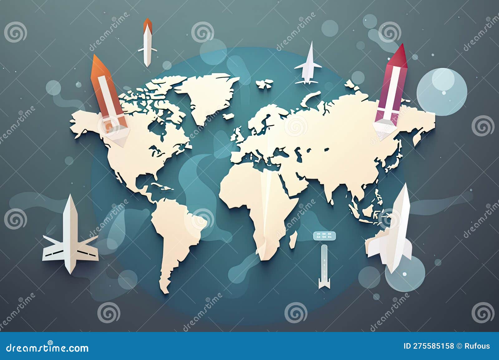 Rockets Launch with Communication and Security Icon on the World Map ...
