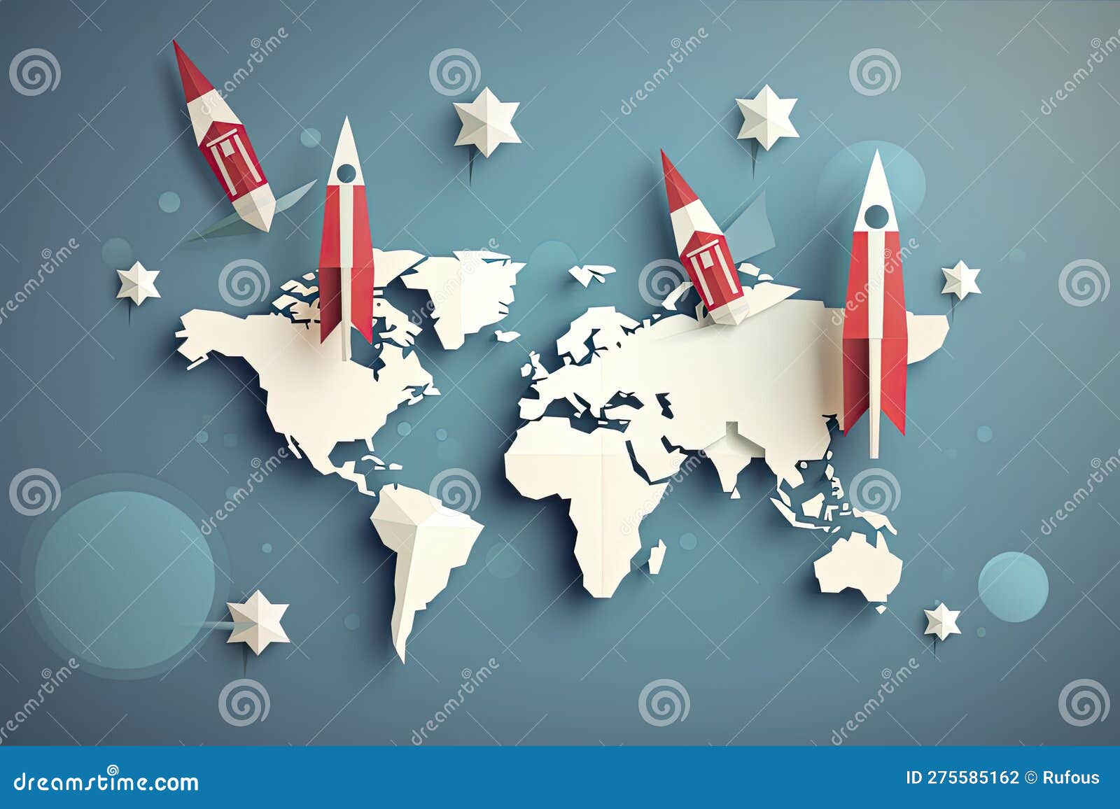Rockets Launch with Communication and Security Icon on the World Map ...