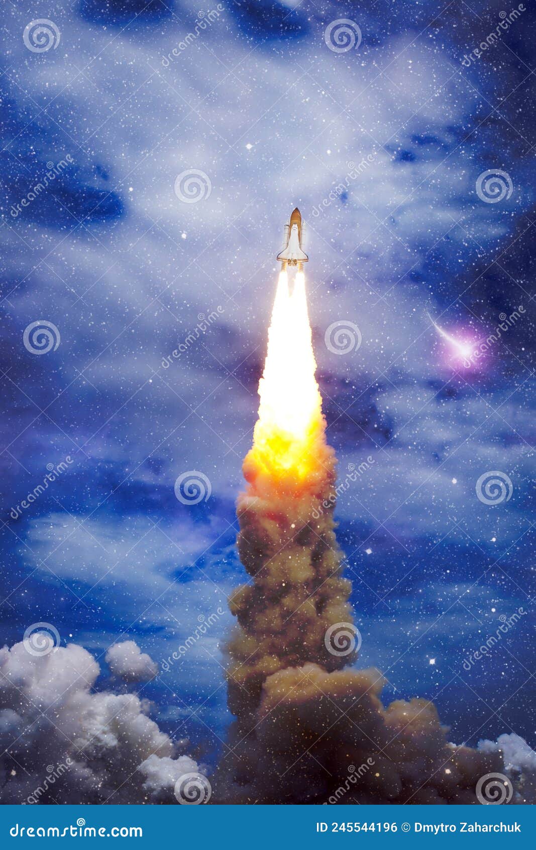 Rockets Launch into Space on the Starry Sky. Rocket Starts into Space ...